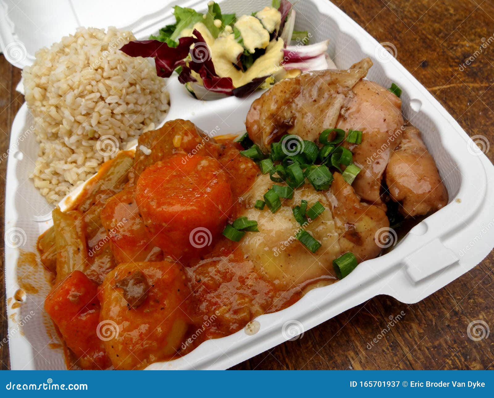 Beef Stew and Chicken Plate with Rice and Salad on a Plastic Container ...