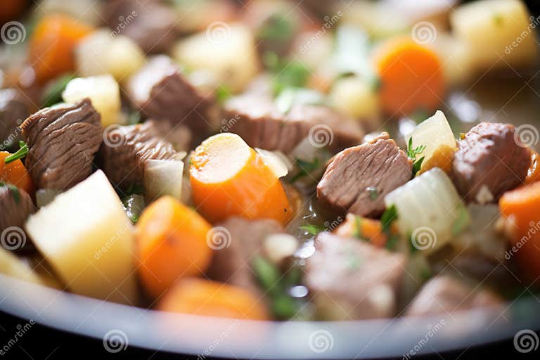 Beef Stew Close-up, Focus on Shiny Beef Texture Stock Photo - Image of ...