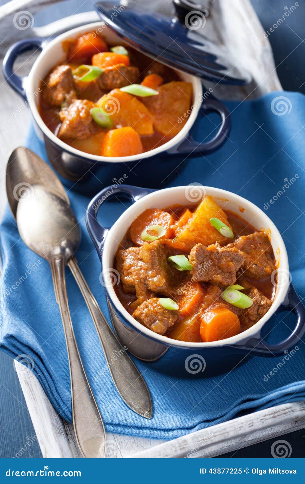 Beef Stew with Potato and Carrot in Blue Pots Stock Image - Image of ...