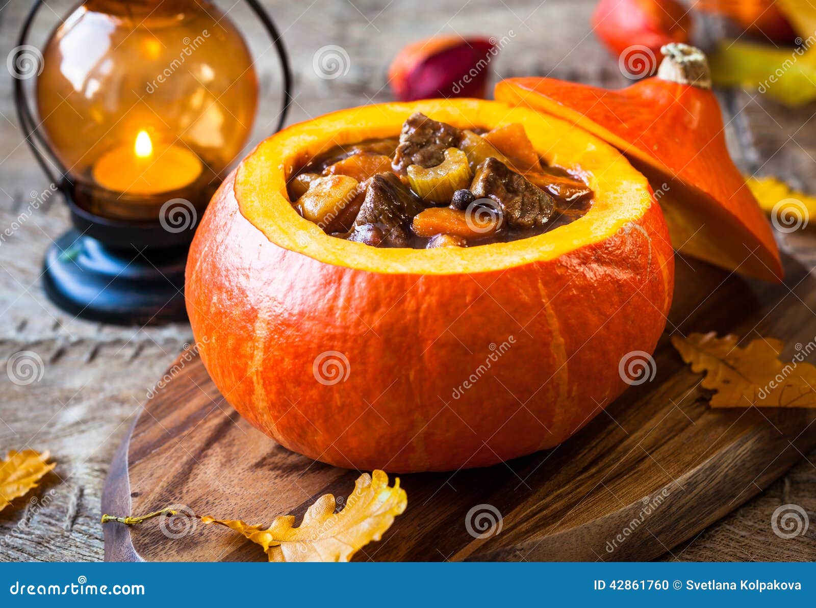 Beef stew in pumpkin stock photo. Image of festive, homemade - 42861760