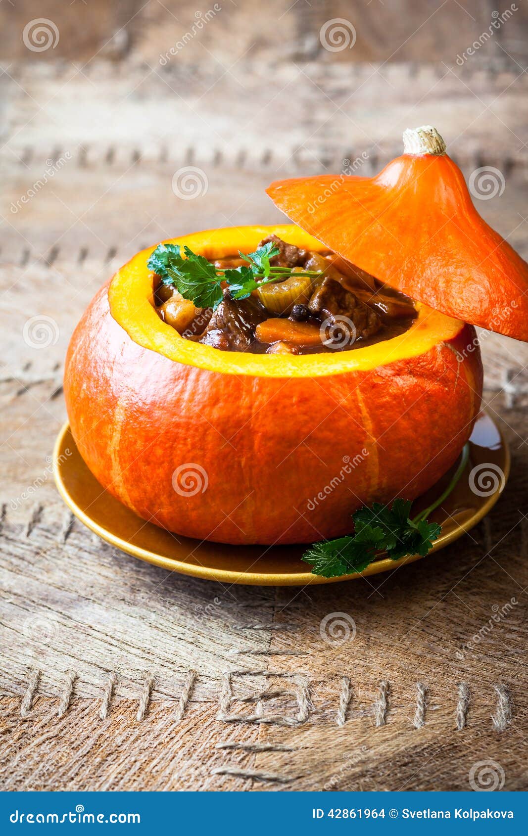 Beef stew in pumpkin stock photo. Image of goulash, burgeoning - 42861964