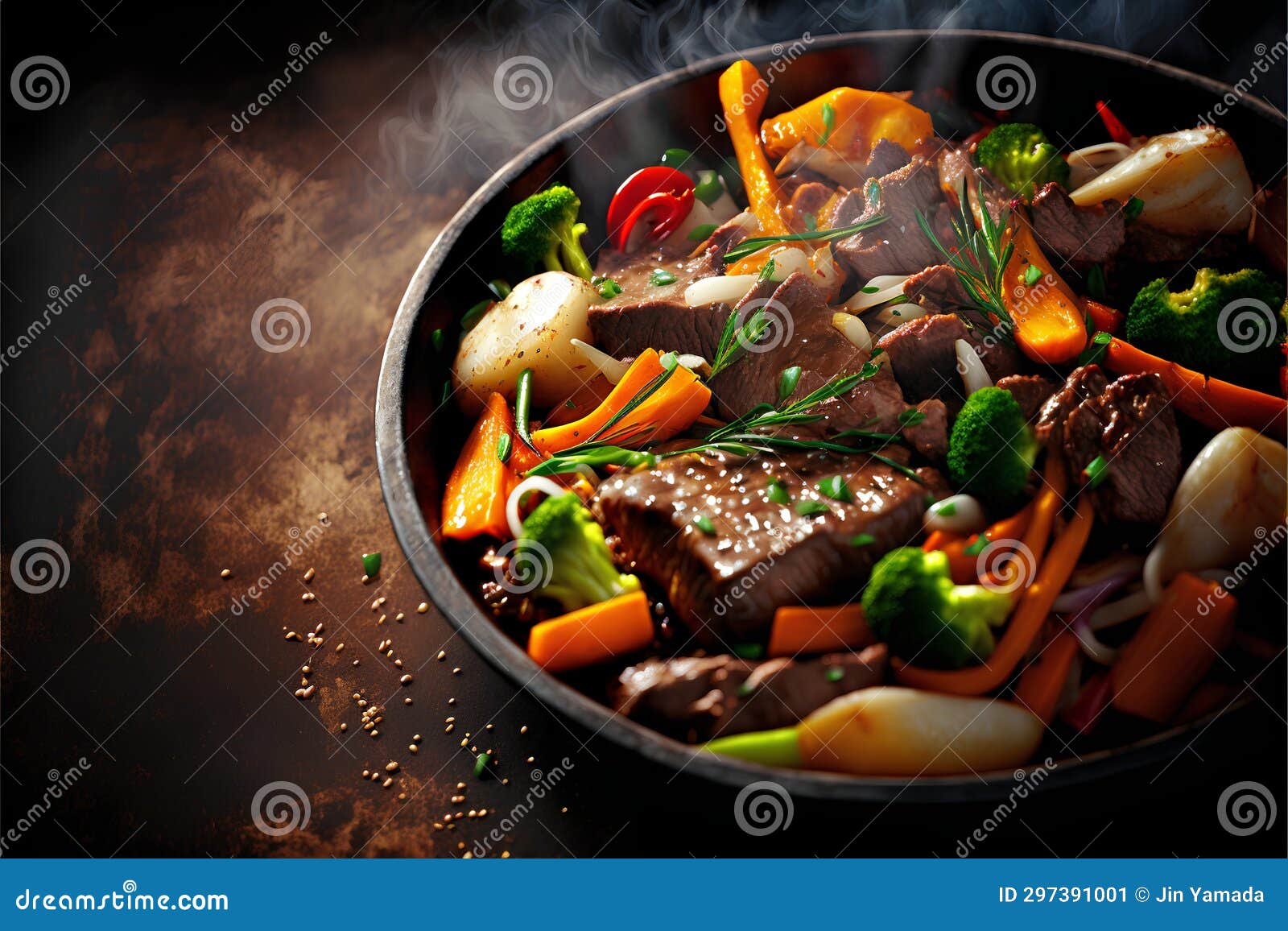 Beef Stir Fry with Vegetables in a Pan on a Dark Background Stock ...