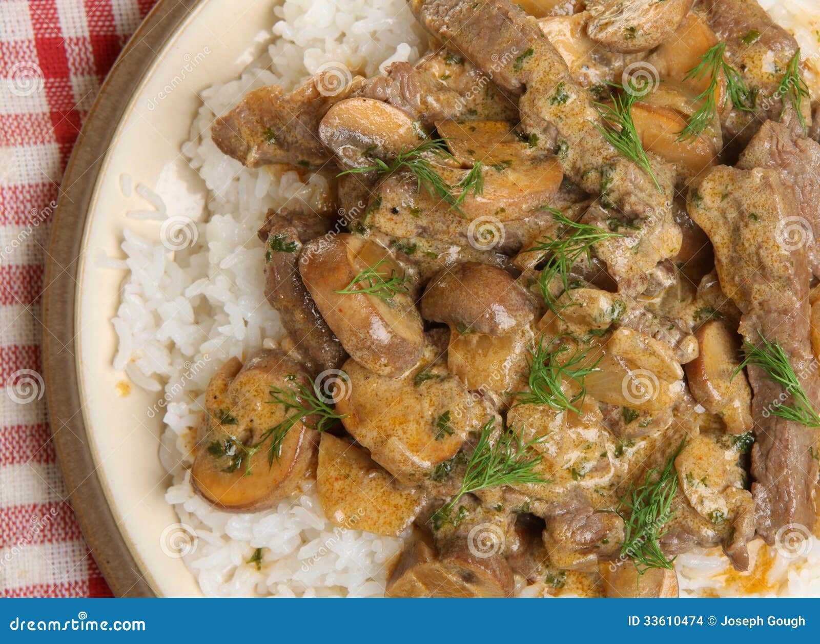 Beef Stroganoff Stew with Rice Stock Photo - Image of food, mushroom ...
