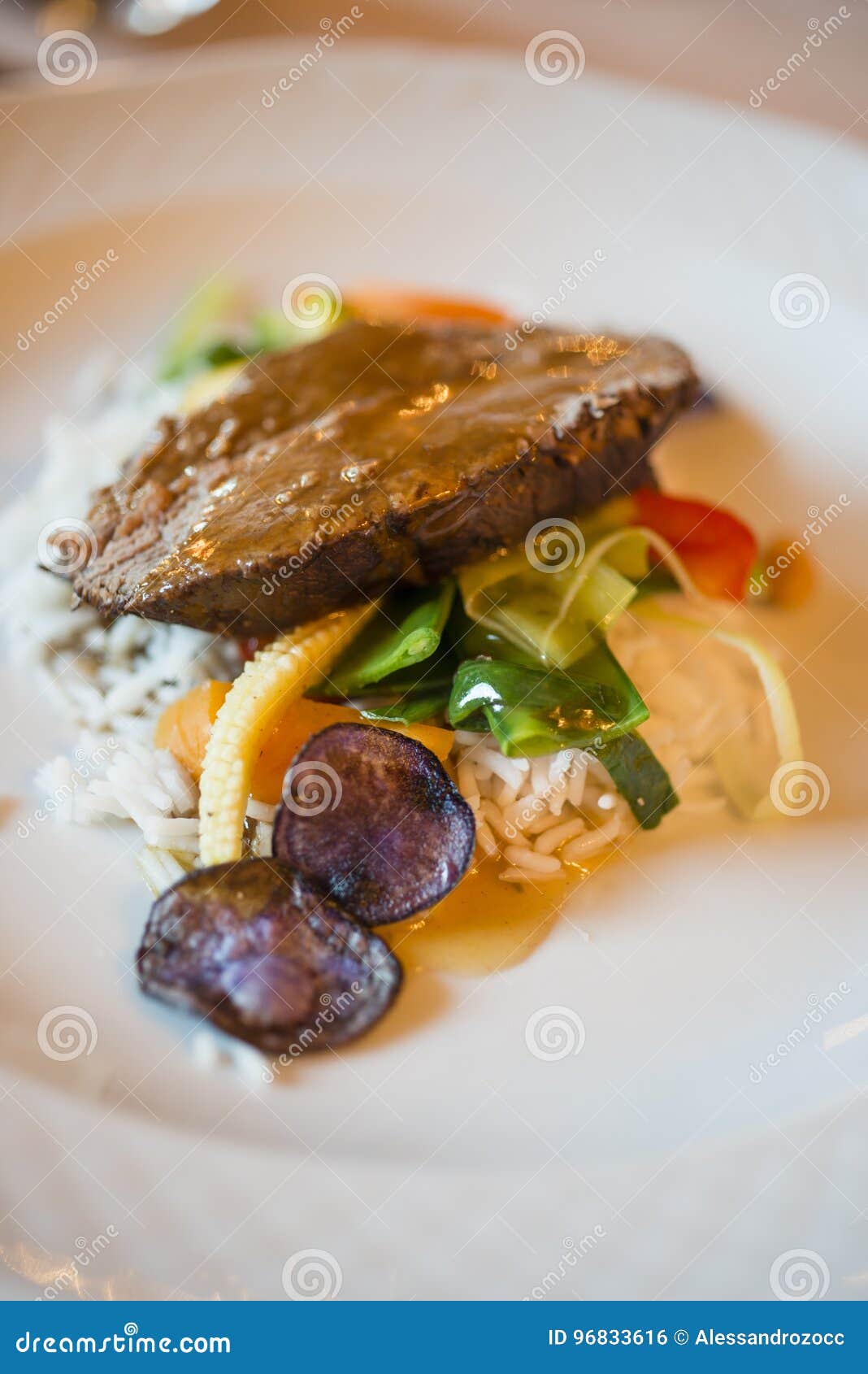 Beef Tagliata Dish with White Rice and Vegetables. Stock Photo - Image ...