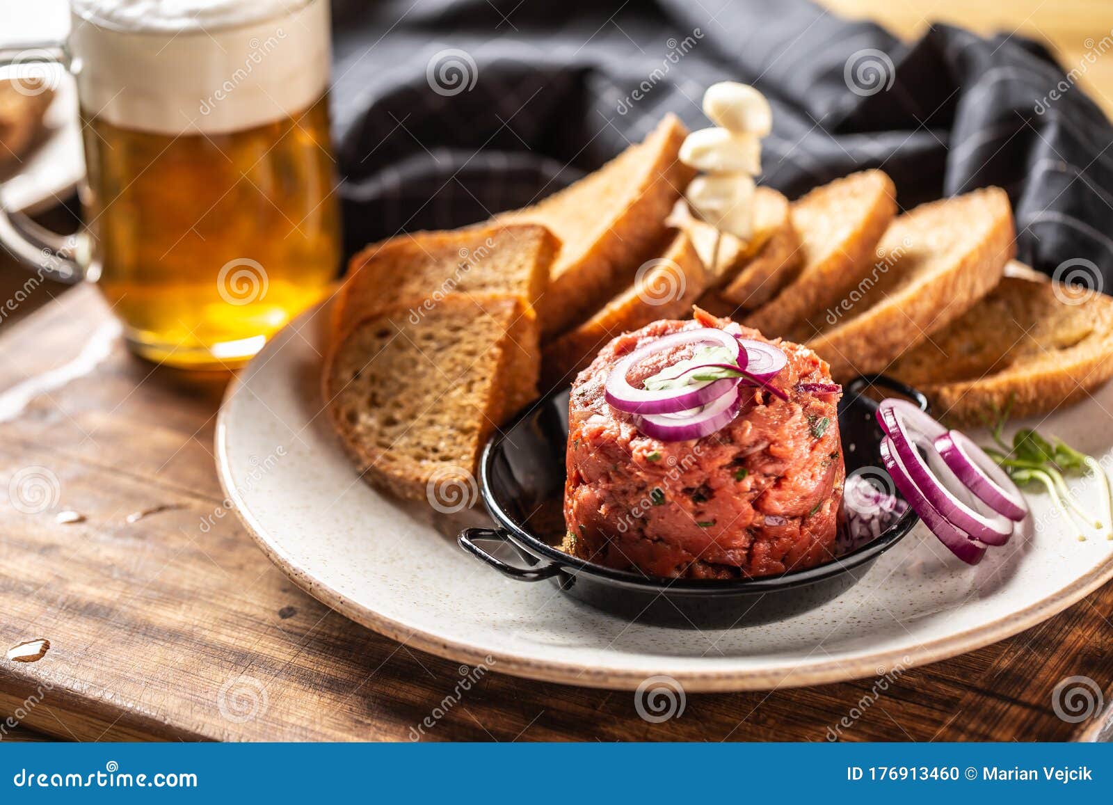 Beef Tartare with Red Onion Toast Bread Garlic and Draft Beer Stock ...