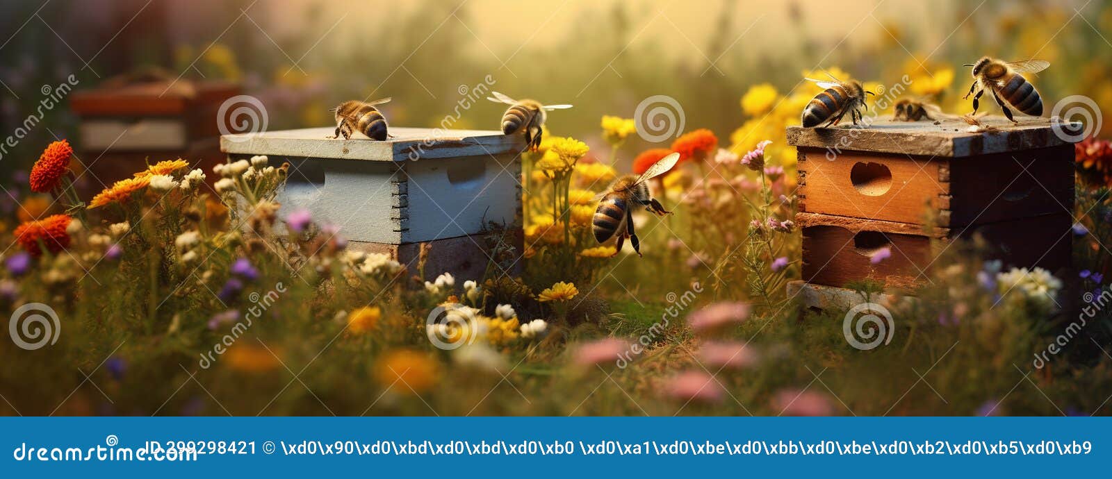 Beehive Apiary Bees and Flowers in the Meadow.Generative AI Stock Image ...