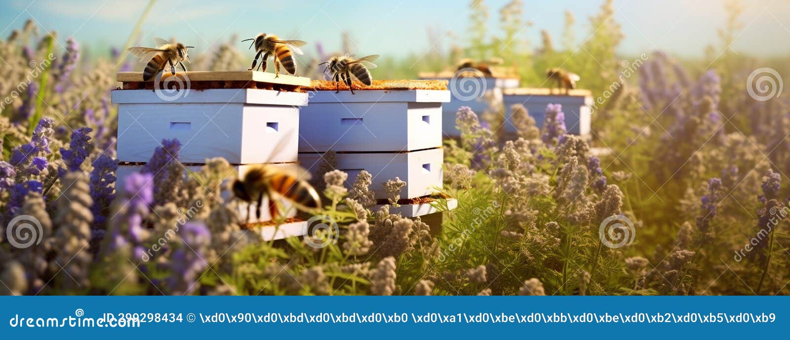 Beehive Apiary Bees and Flowers in the Meadow.Generative AI Stock Photo ...