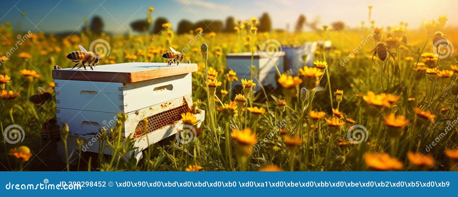 Beehive Apiary Bees and Flowers in the Meadow.Generative AI Stock Photo ...