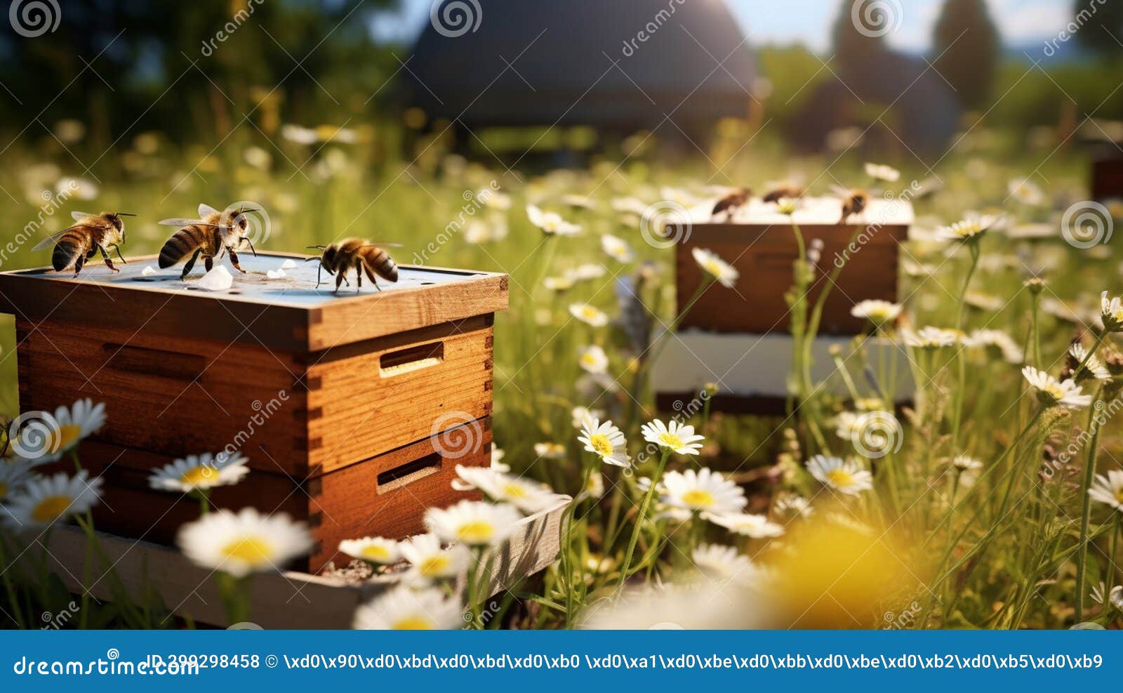 Beehive Apiary Bees and Flowers in the Meadow.Generative AI Stock Photo ...