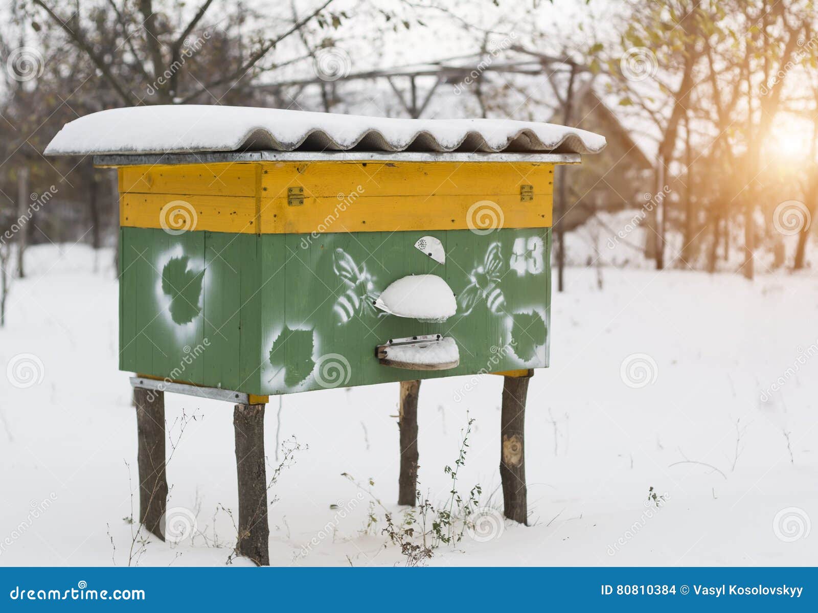 Beehive in Apiary Covered with Snow in Wintertime Stock Photo - Image ...