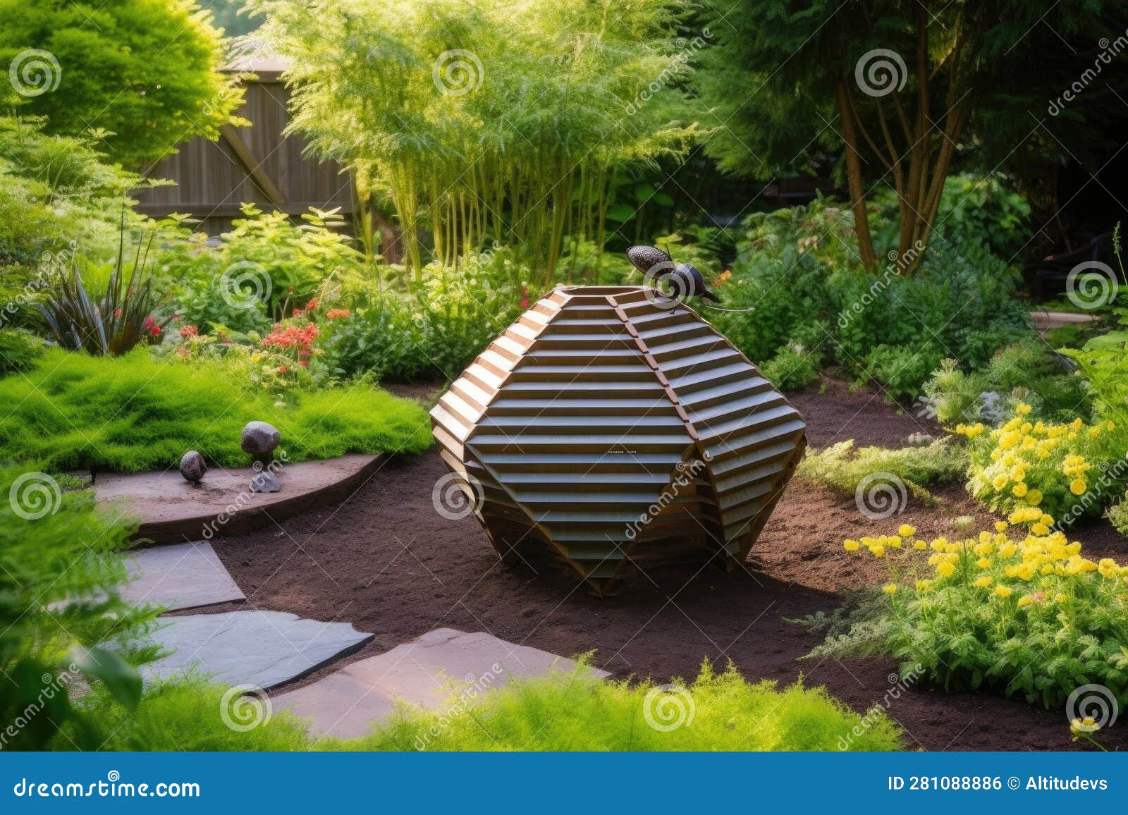 Beehive-inspired Geometric Sculpture in a Garden Setting Stock ...