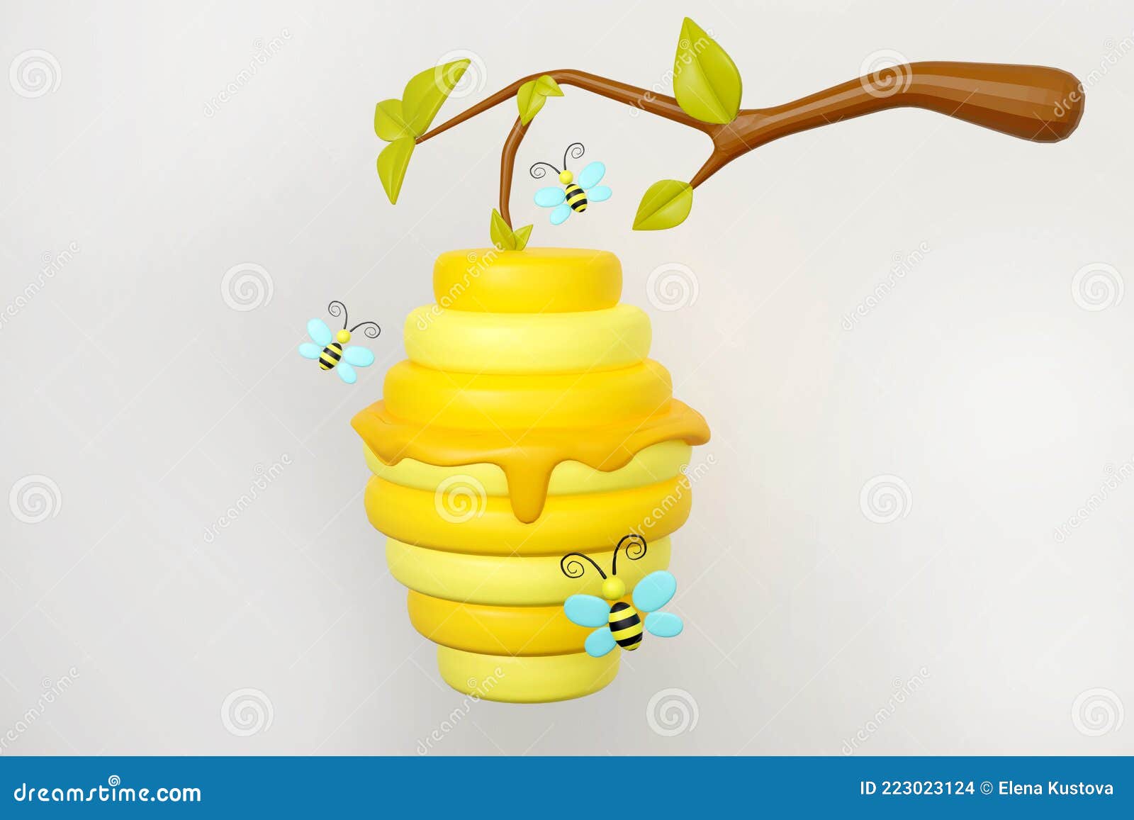Beehive on Tree Branch and Honey Bees. 3d Rendering Illustration Stock ...
