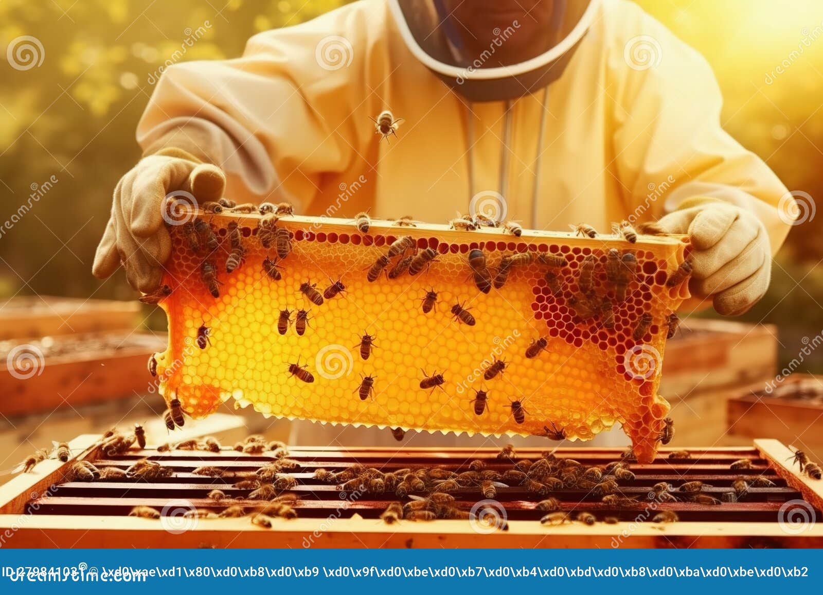 The Beekeeper Collects Honey from the Honeycombs in the Apiary ...
