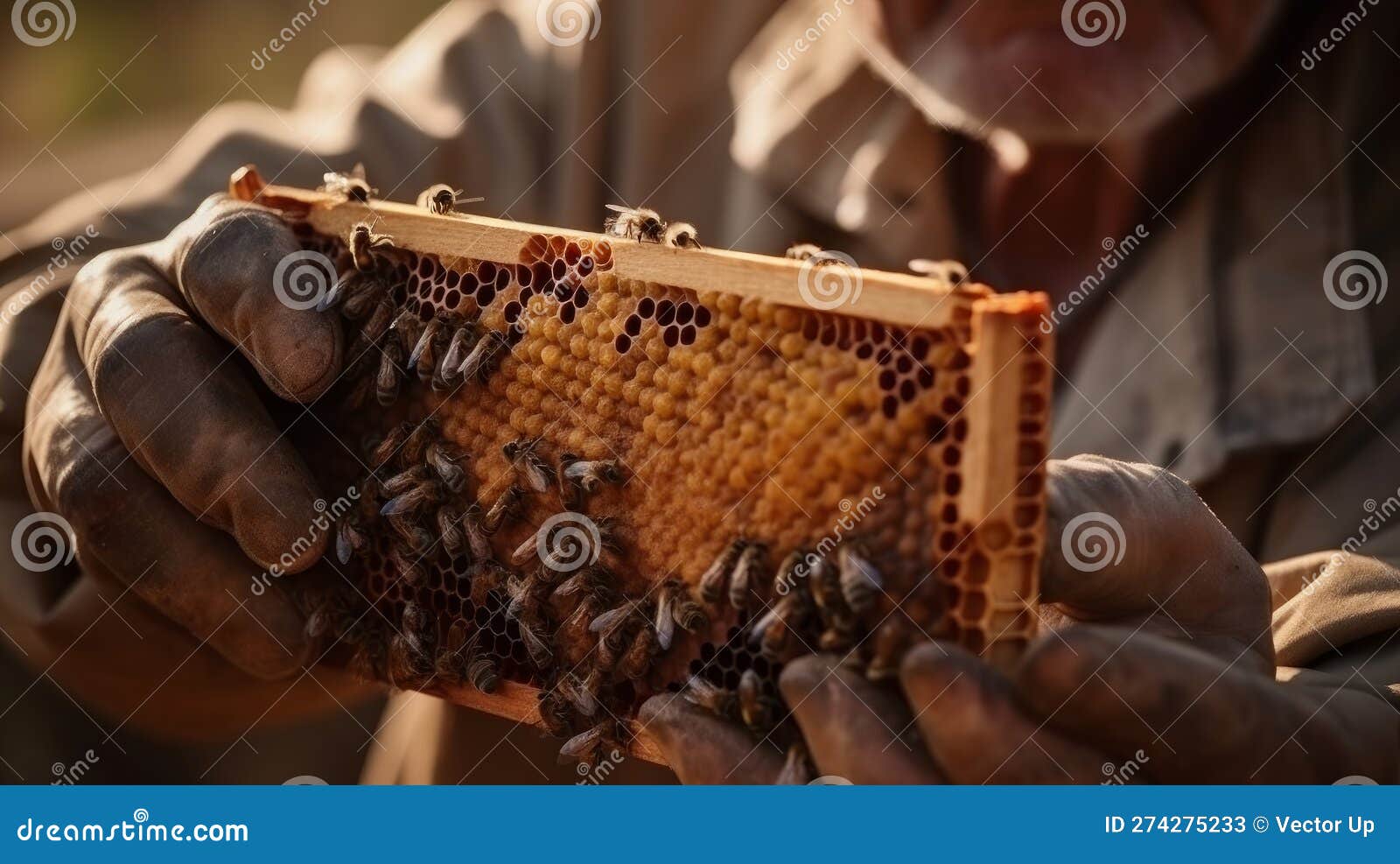 The Beekeeper Holds a Honey Cell with Bees in His Hand. Generative AI ...