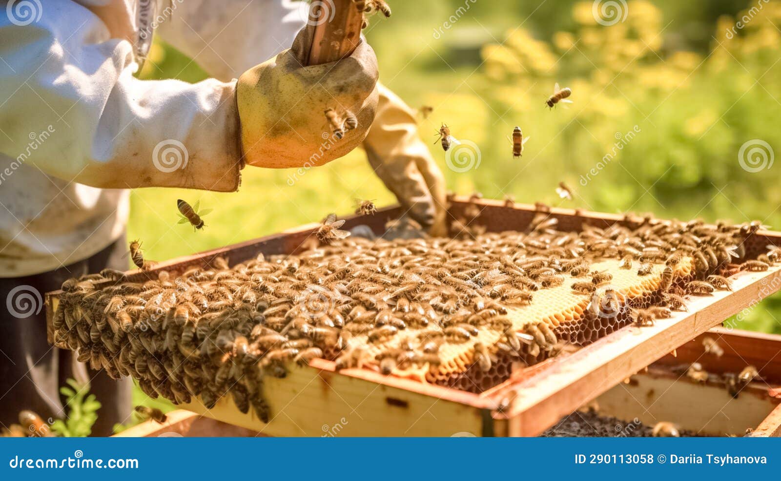 Beekeeper Holds a Honey Cells with Bees in His Hands. Stock ...