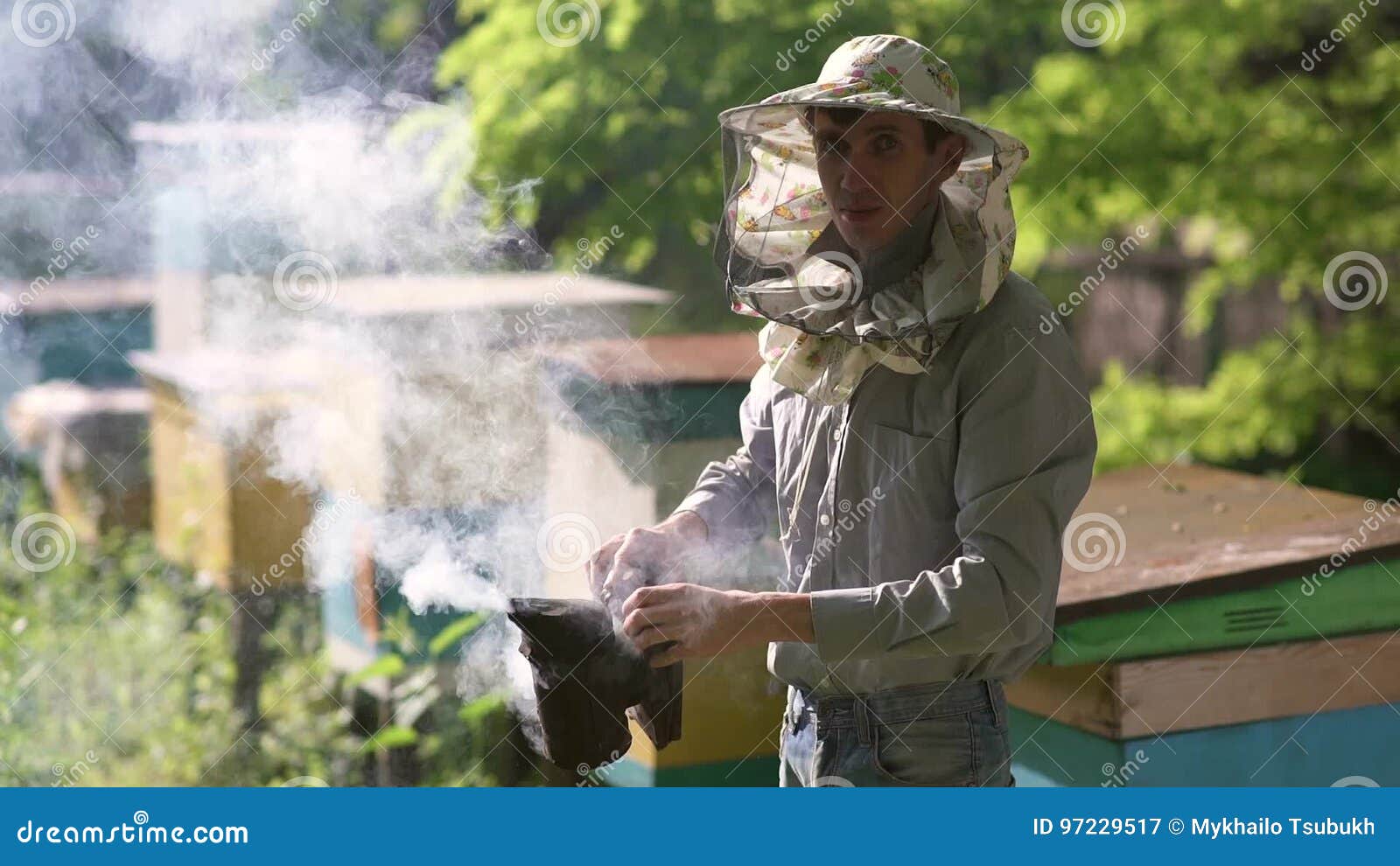 Beekeeper Processes Beehive Chimney. Slow Motion Stock Video - Video of ...