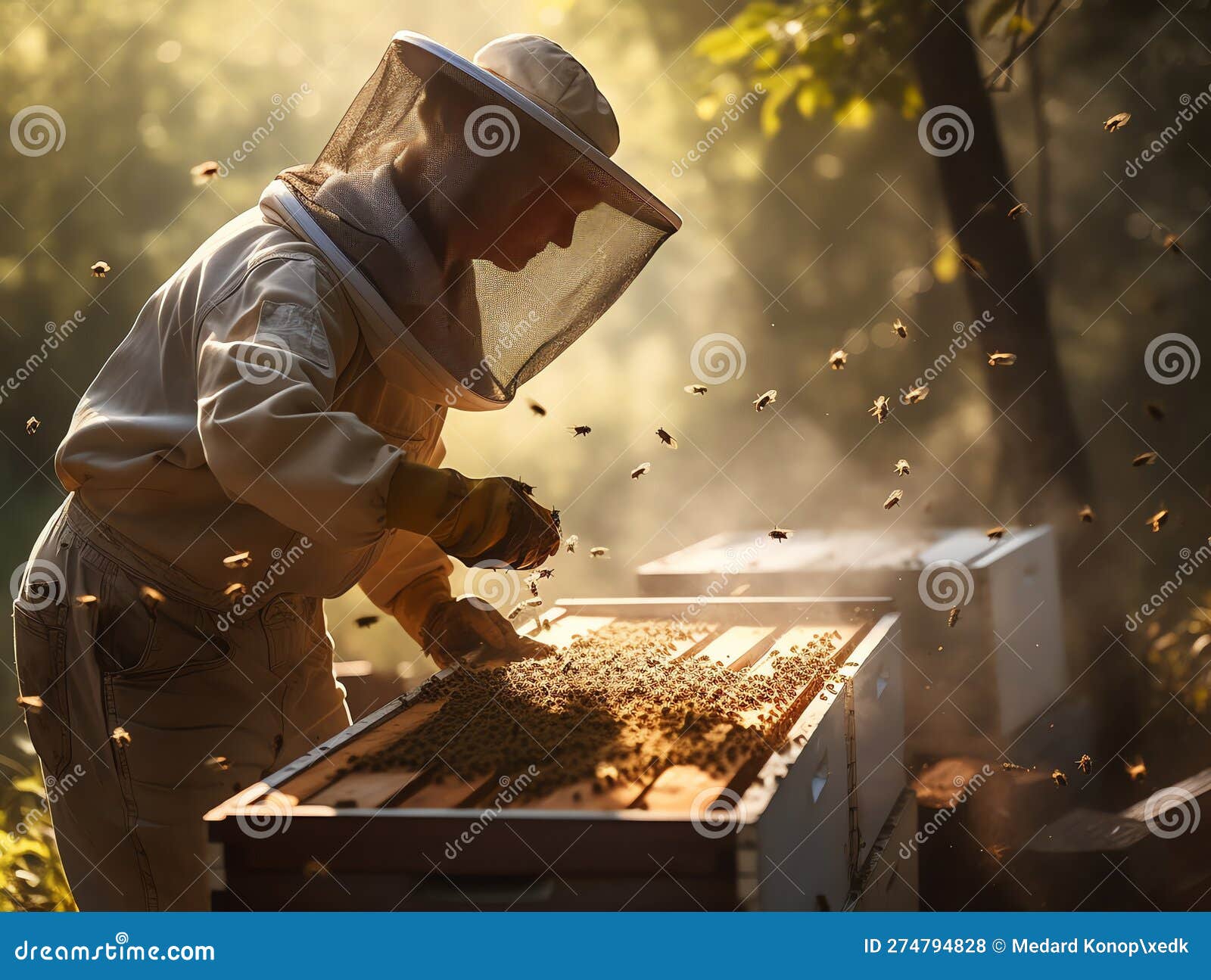 Beekeeper is Working with Bees in Apiary. Beekeeping Concept. Made with ...