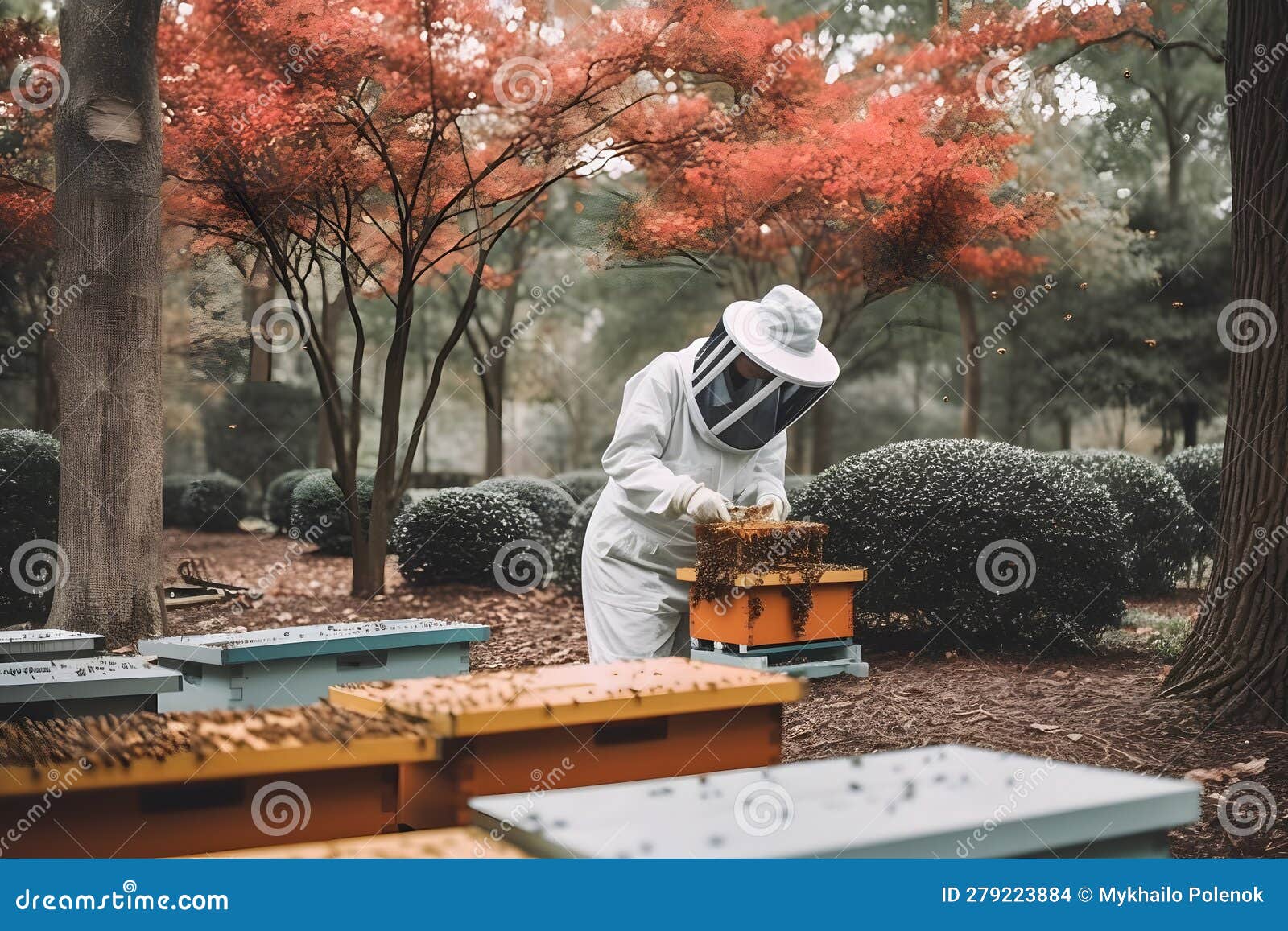Beekeeper is Working with Bees and Beehives on Apiary. Bees on ...