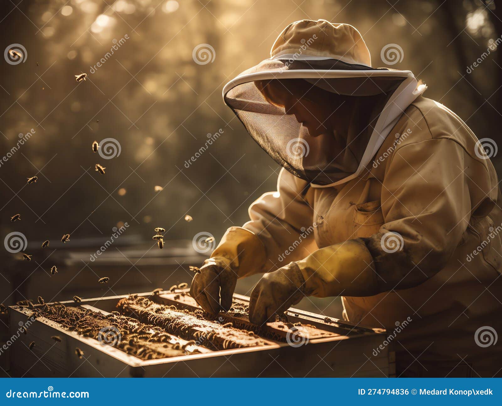 Beekeeper is Working with Bees and Beehives on Apiary. Made with ...