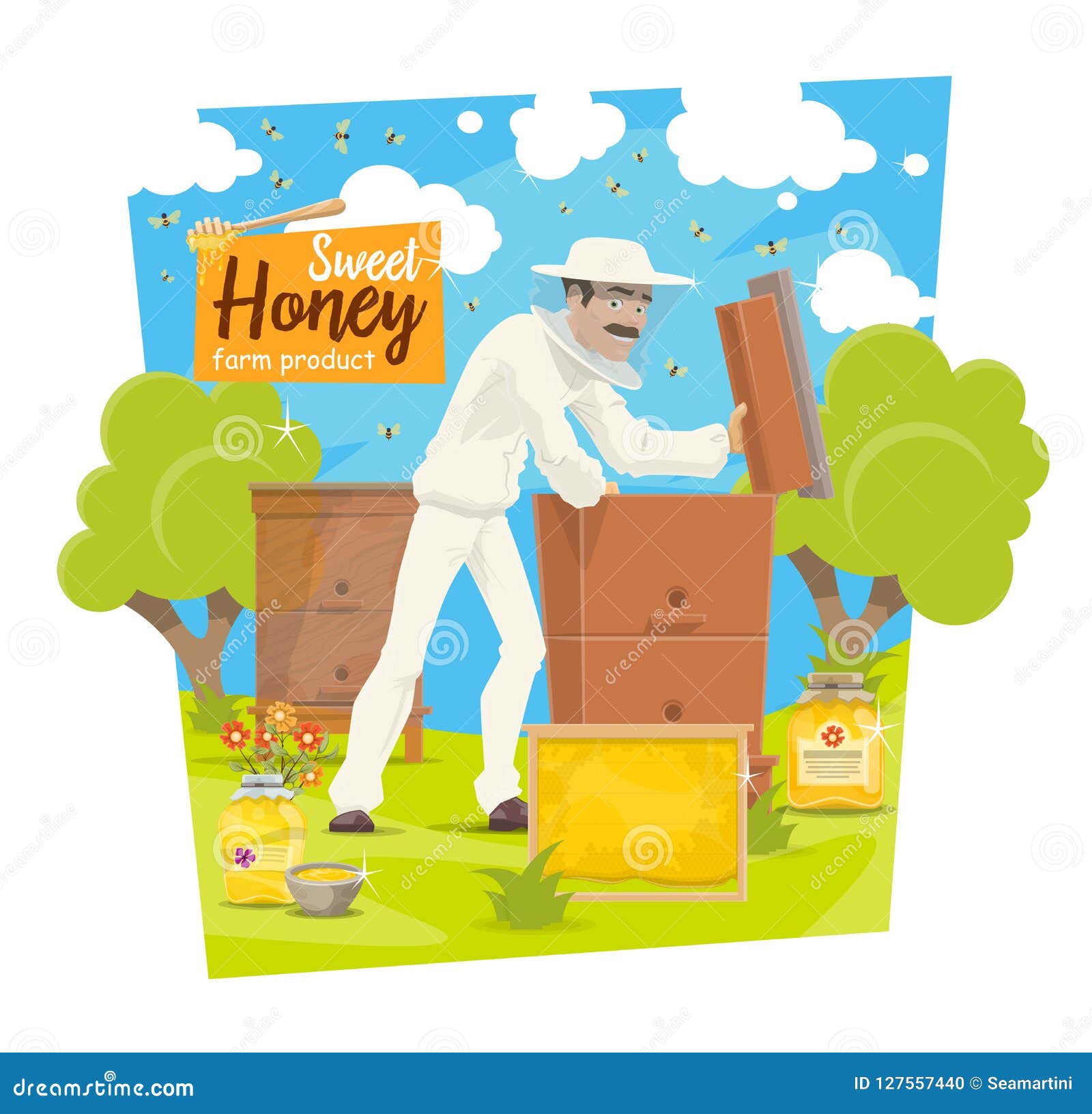 Beekeeping Apiary, Bees and Beekeeper Stock Vector - Illustration of ...