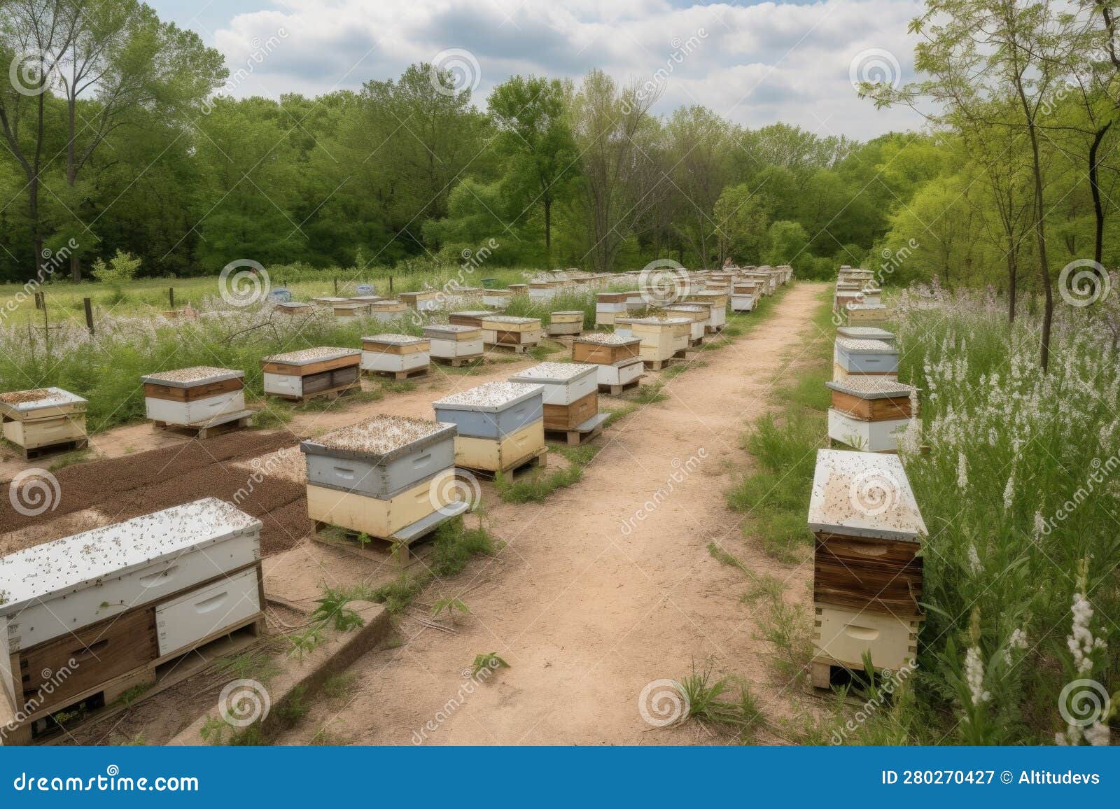 Beekeeping Apiary with Rows of Beehives Surrounded by Pollinator ...