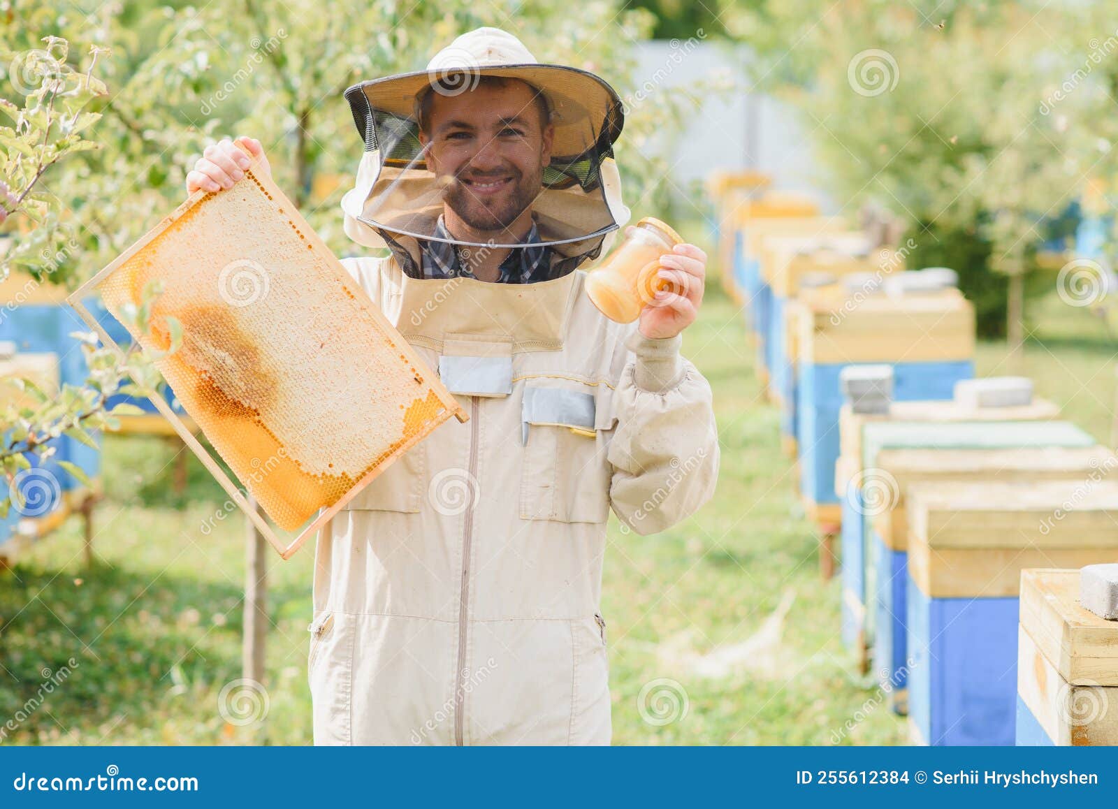 Beekeeping, Beekeeper at Work, Bees in Flight. Stock Photo - Image of ...