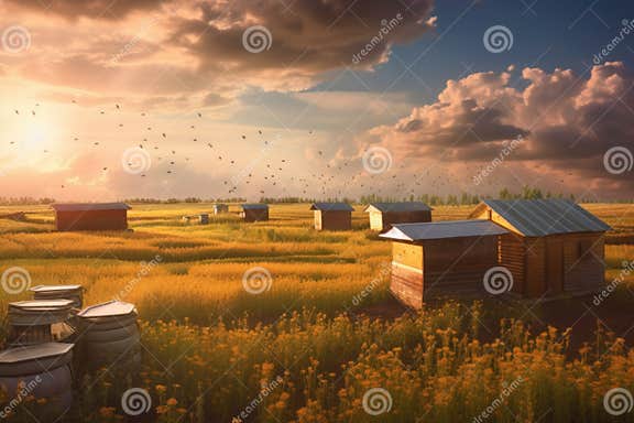 Beekeeping Farm Landscape with Rows of Hives Stock Illustration ...