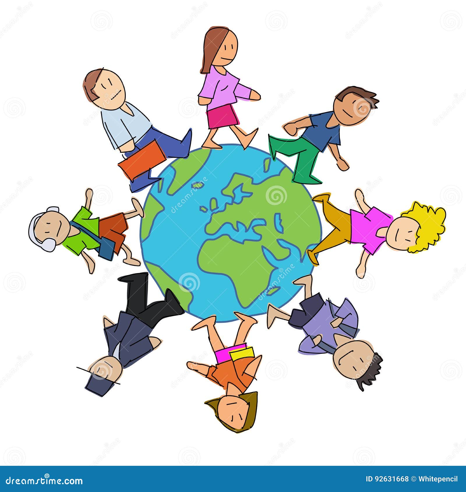 Beeldverhaal Van Mensen Die Rond De Wereld Lopen Vector Illustratie ...