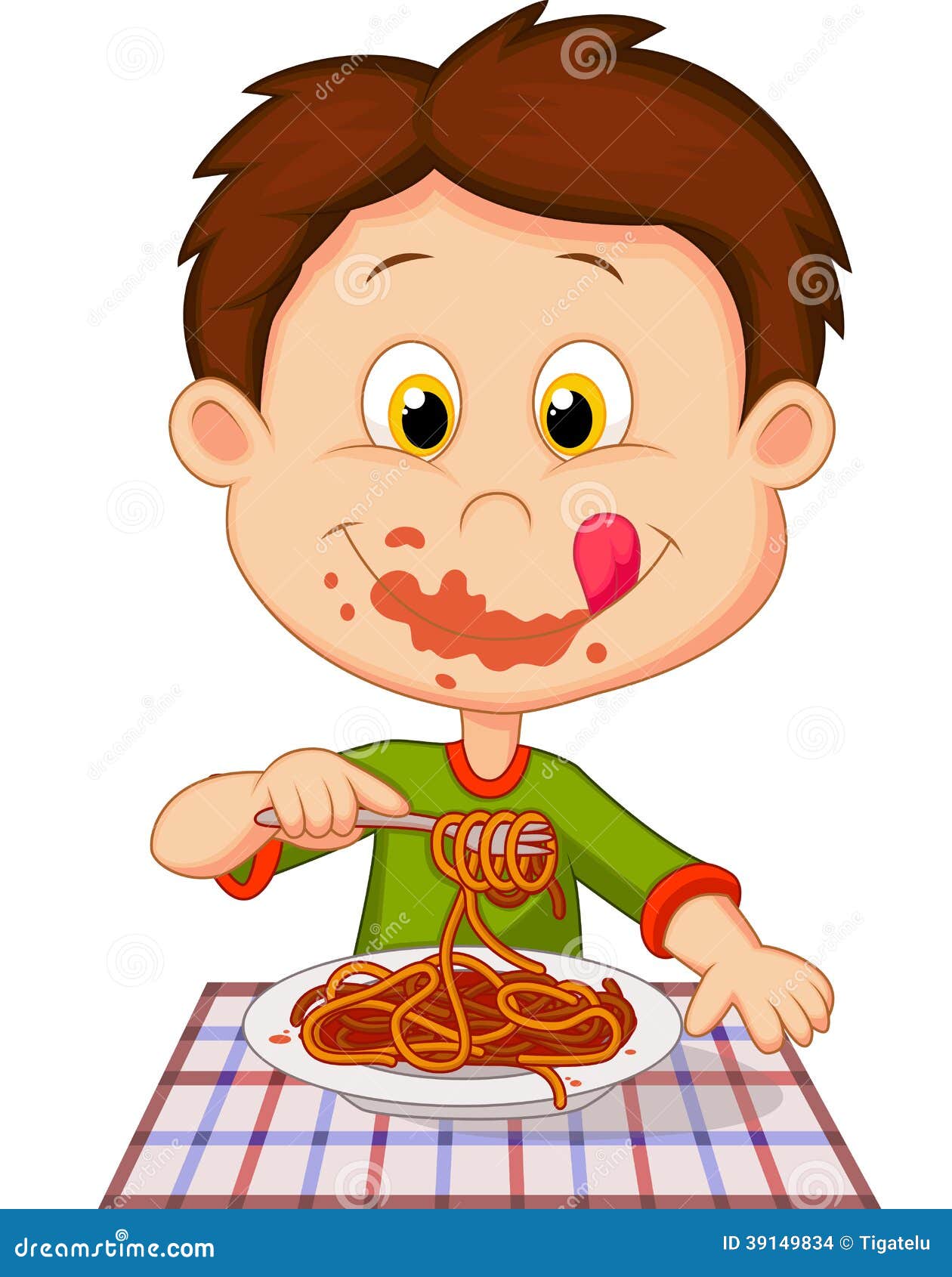 Beeldverhaaljongen Die Spaghetti Eten Vector Illustratie - Illustration ...