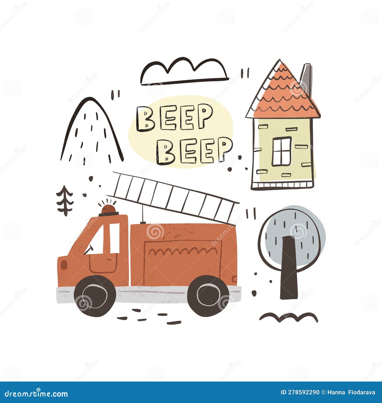 Cartoon Fire Engines,hand Drawing Lettering. Colorful Illustration for ...