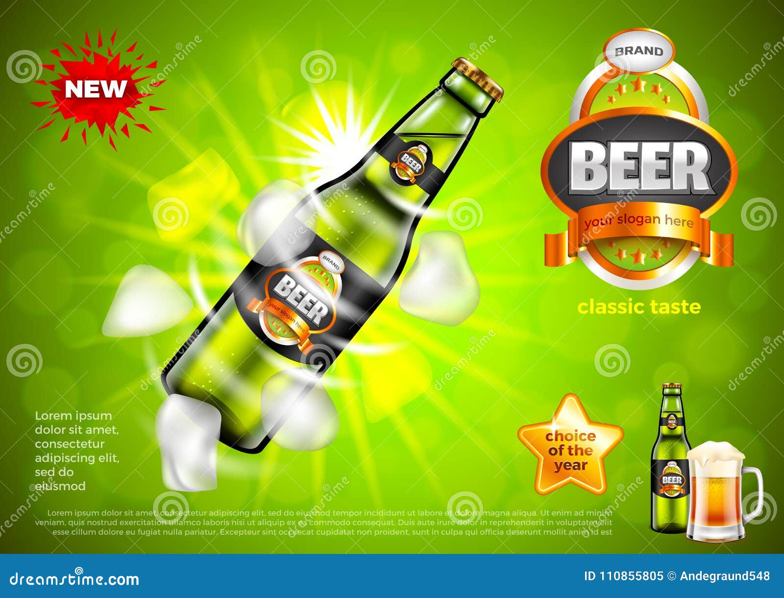 Beer Ads. Bottle with Ice Cubes on Green Vector Background Stock Vector ...