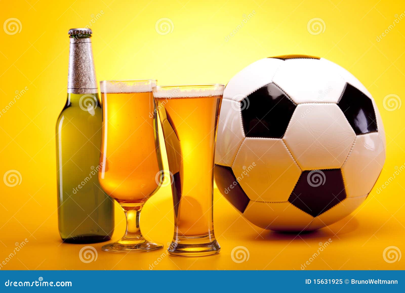 Beer and Ball on Yellow Background Stock Image - Image of droplets ...