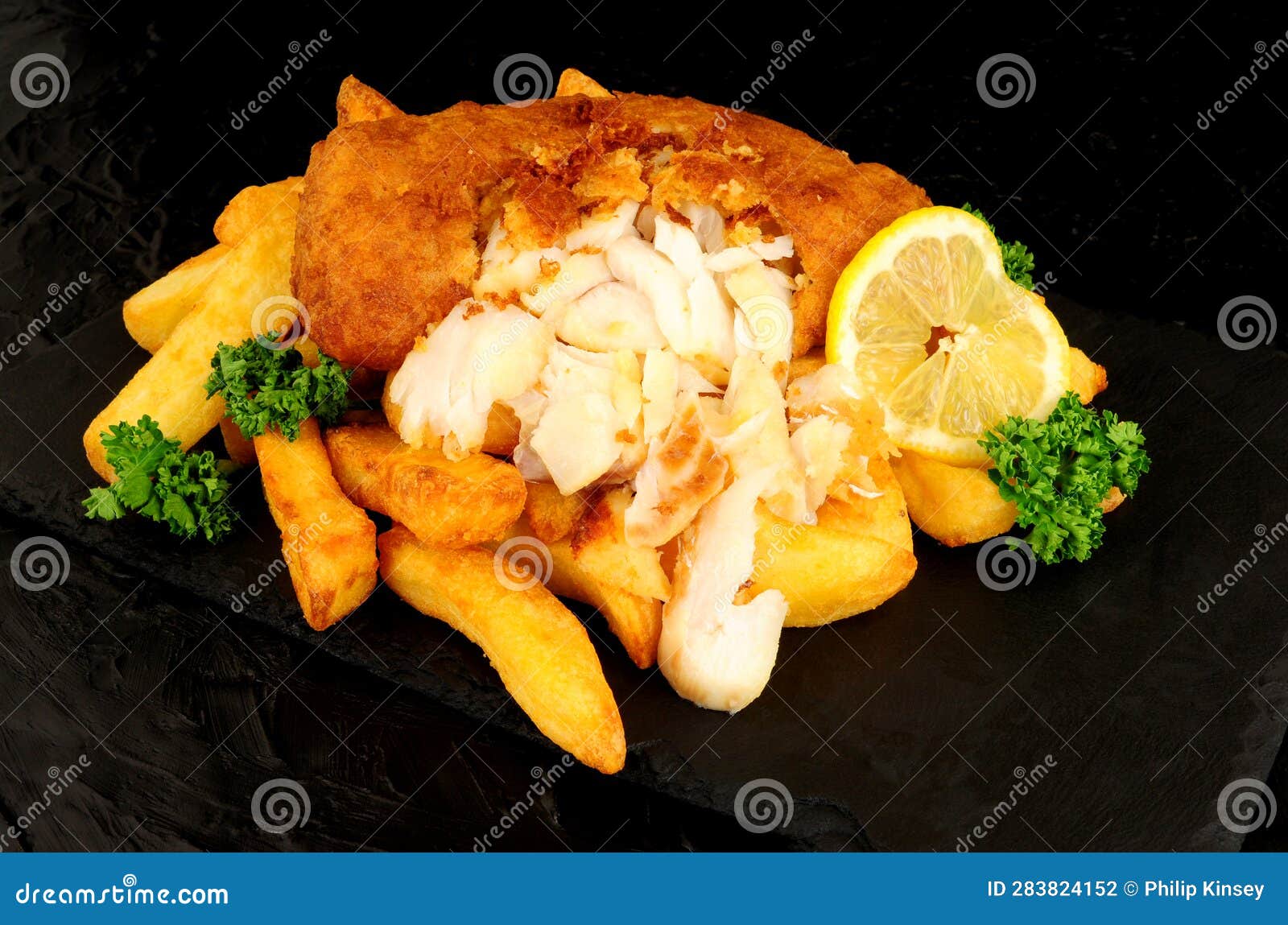 Beer Battered Cod with Chunky Chips Stock Photo - Image of coated ...