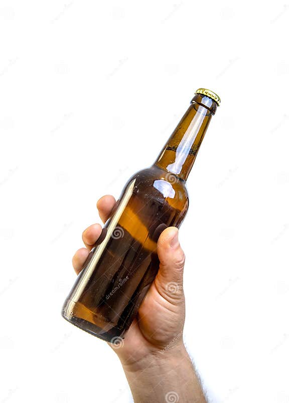 Beer Bottle in Hand Isolated on White Stock Image - Image of amber ...