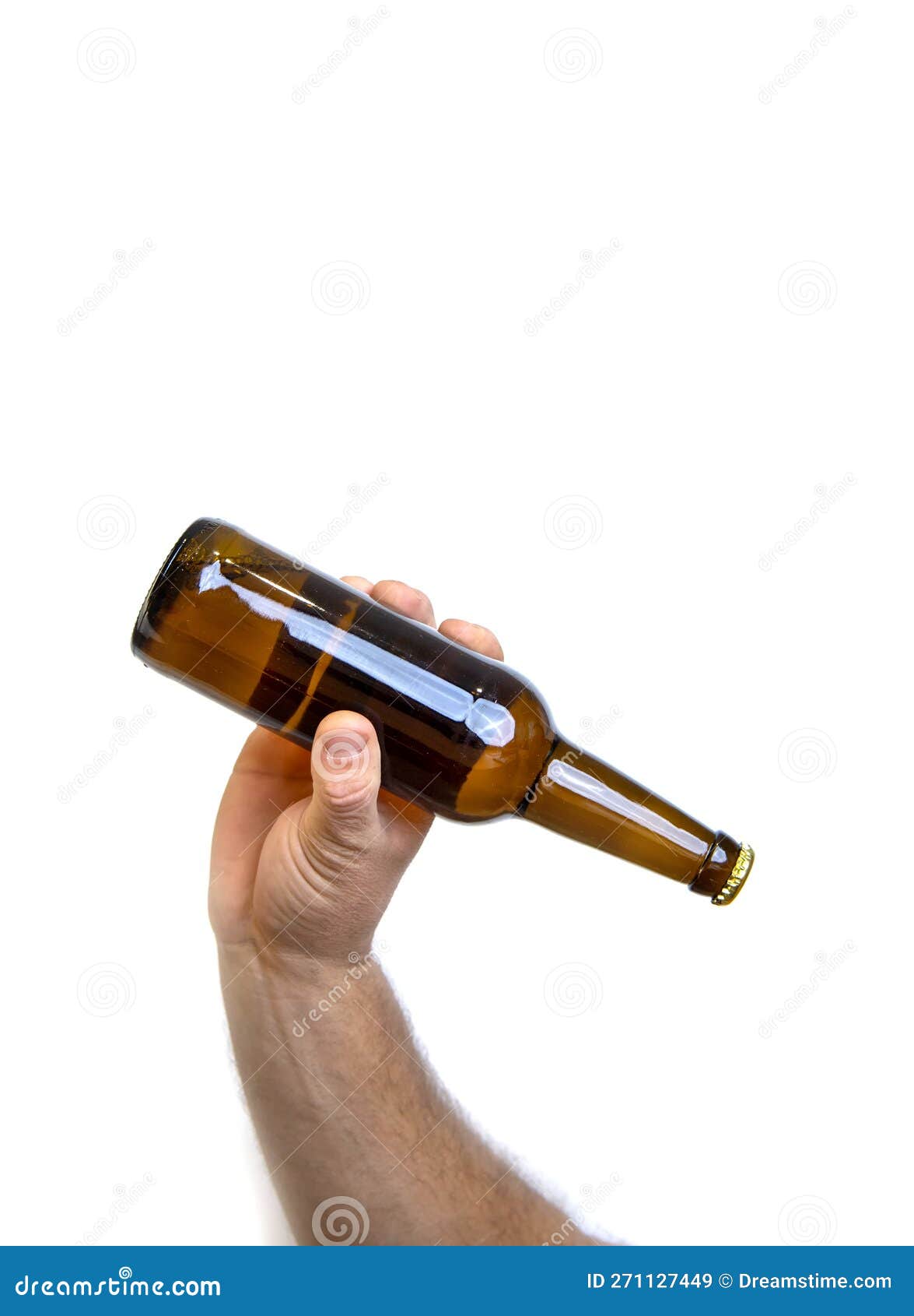 Beer Bottle in Hand Isolated on White. Stock Image - Image of froth ...