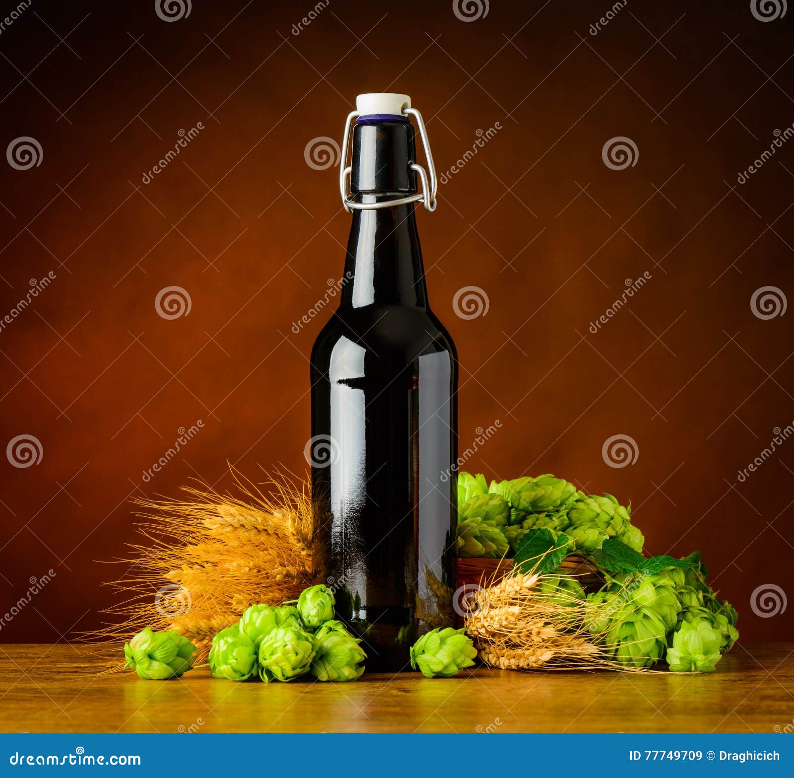Beer Bottle with Hops and Wheat Stock Image - Image of wheat, bottle ...