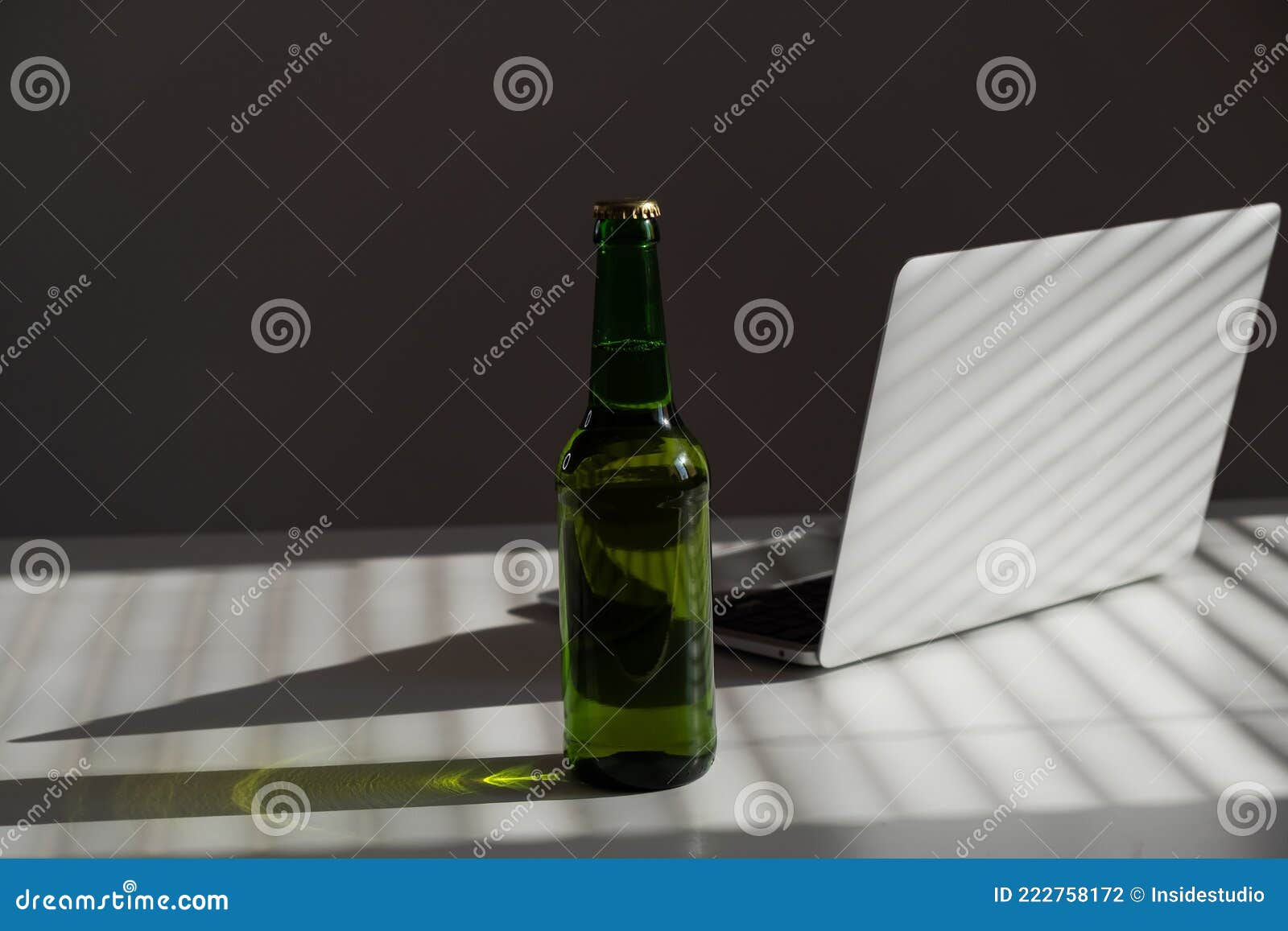 Beer Bottle and Laptop on White Table. Stock Photo - Image of drinking ...