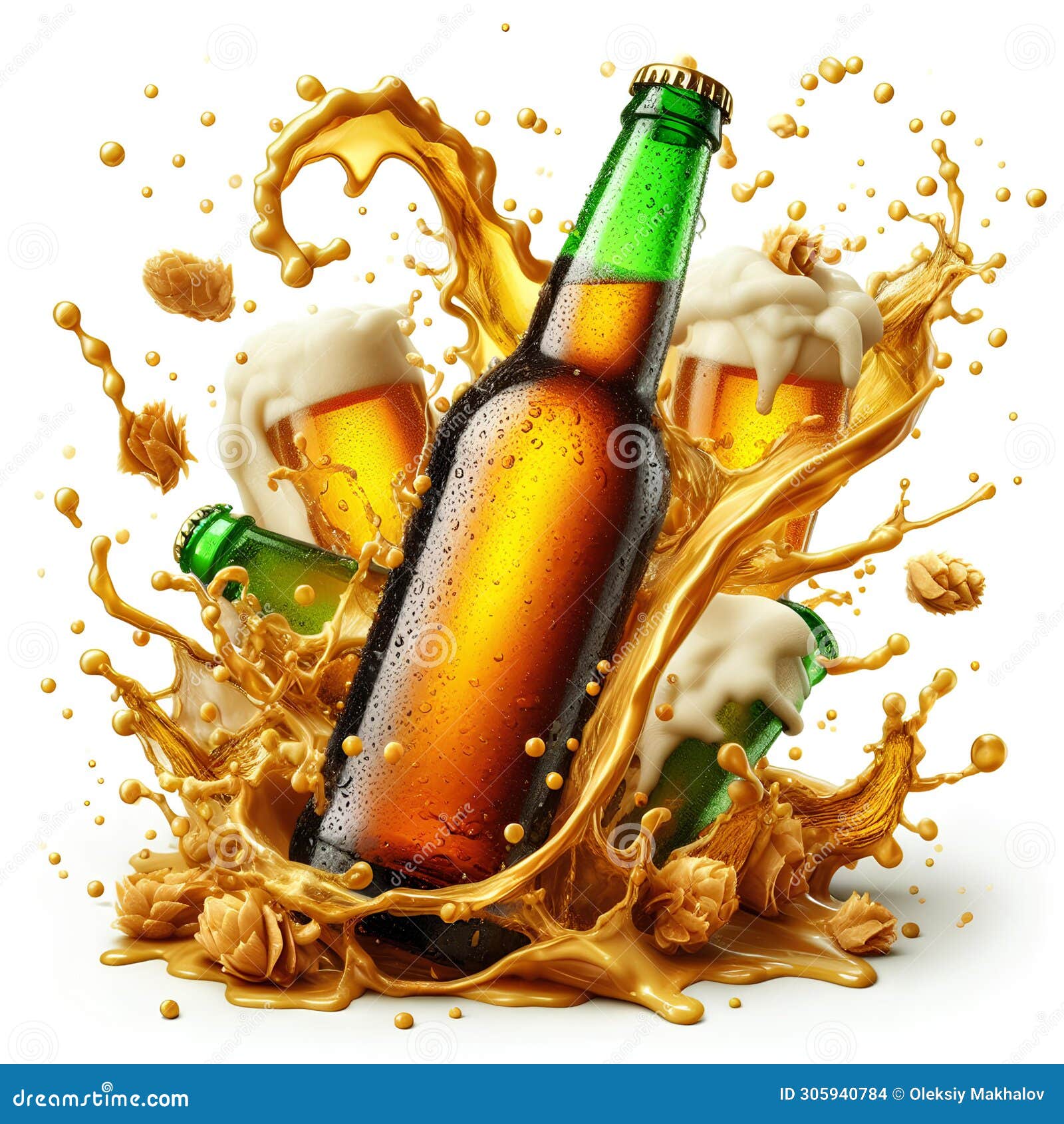 Beer Bottle with Beer Splash Isolated on White Background Stock ...