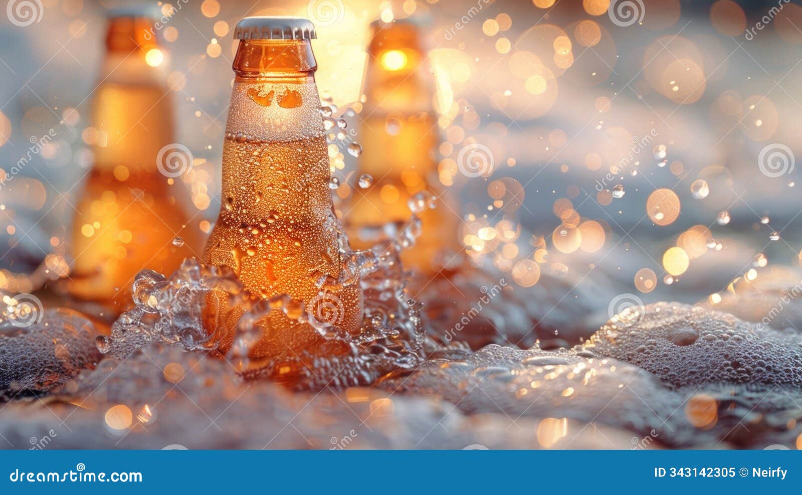 Beer Bottles in Ice with Splashing Froth Over Stock Image - Image of ...