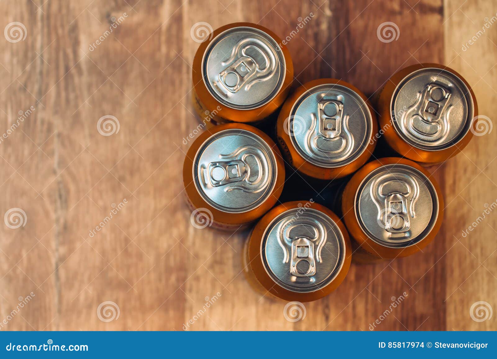 Beer Cans on Rustic Wooden Table Top View Stock Photo - Image of rustic ...