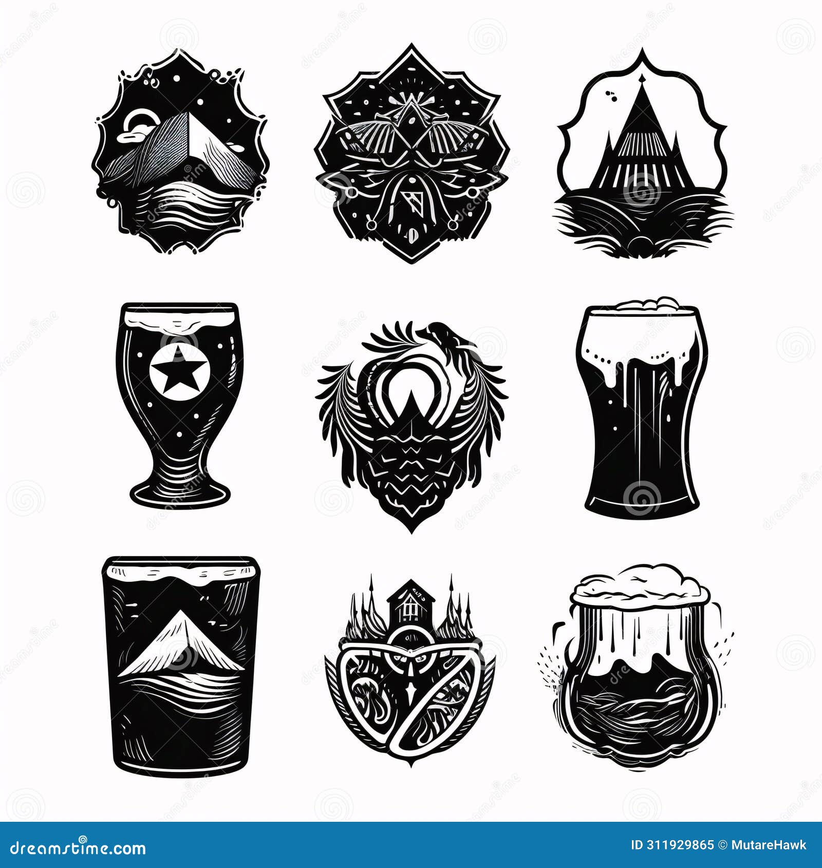 Beer Emblems Set. Hand Drawn Vector Illustration Stock Illustration ...