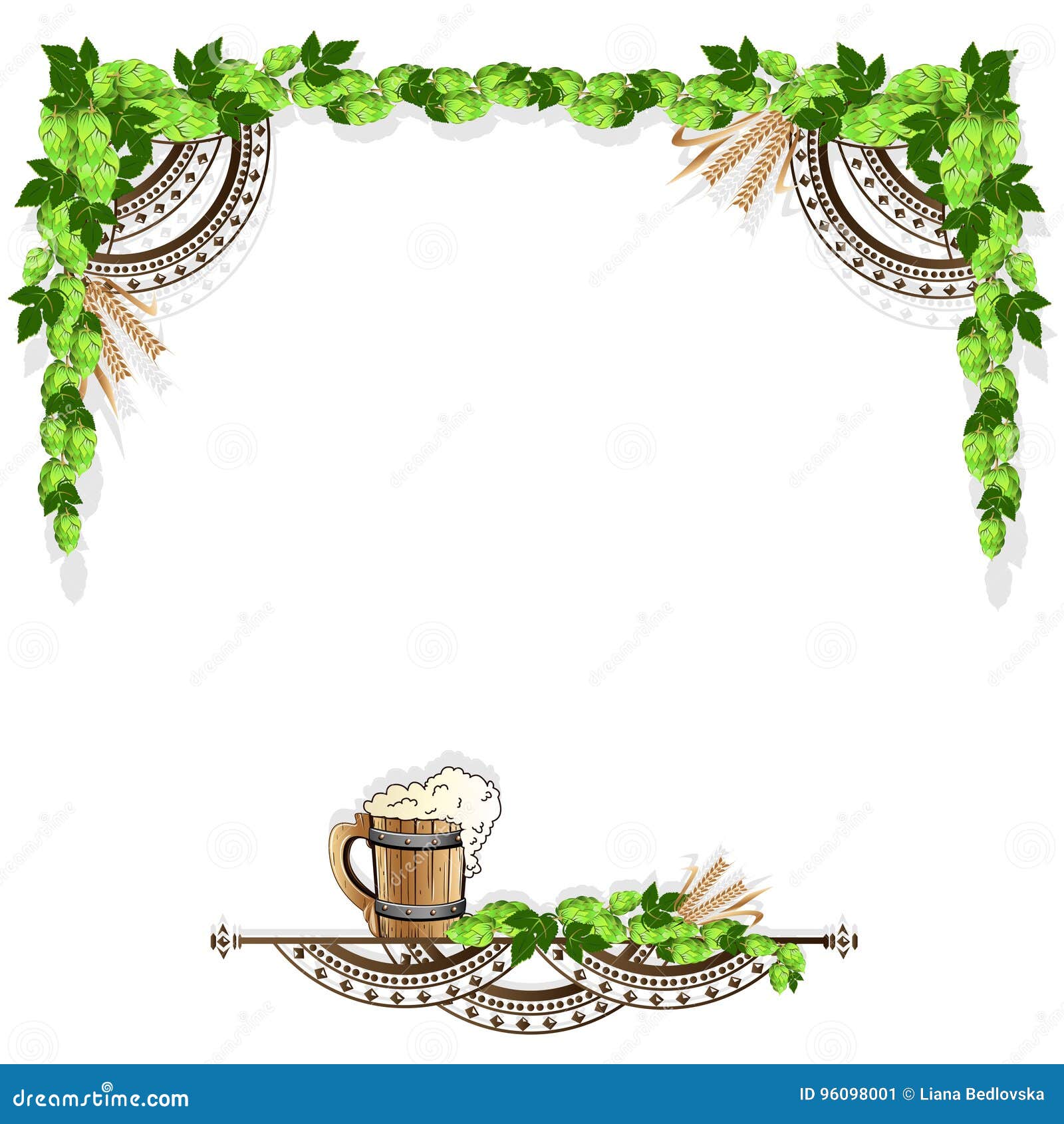 Beer Frame Or Poster With Mug, Hop And Barley Cartoon Vector ...