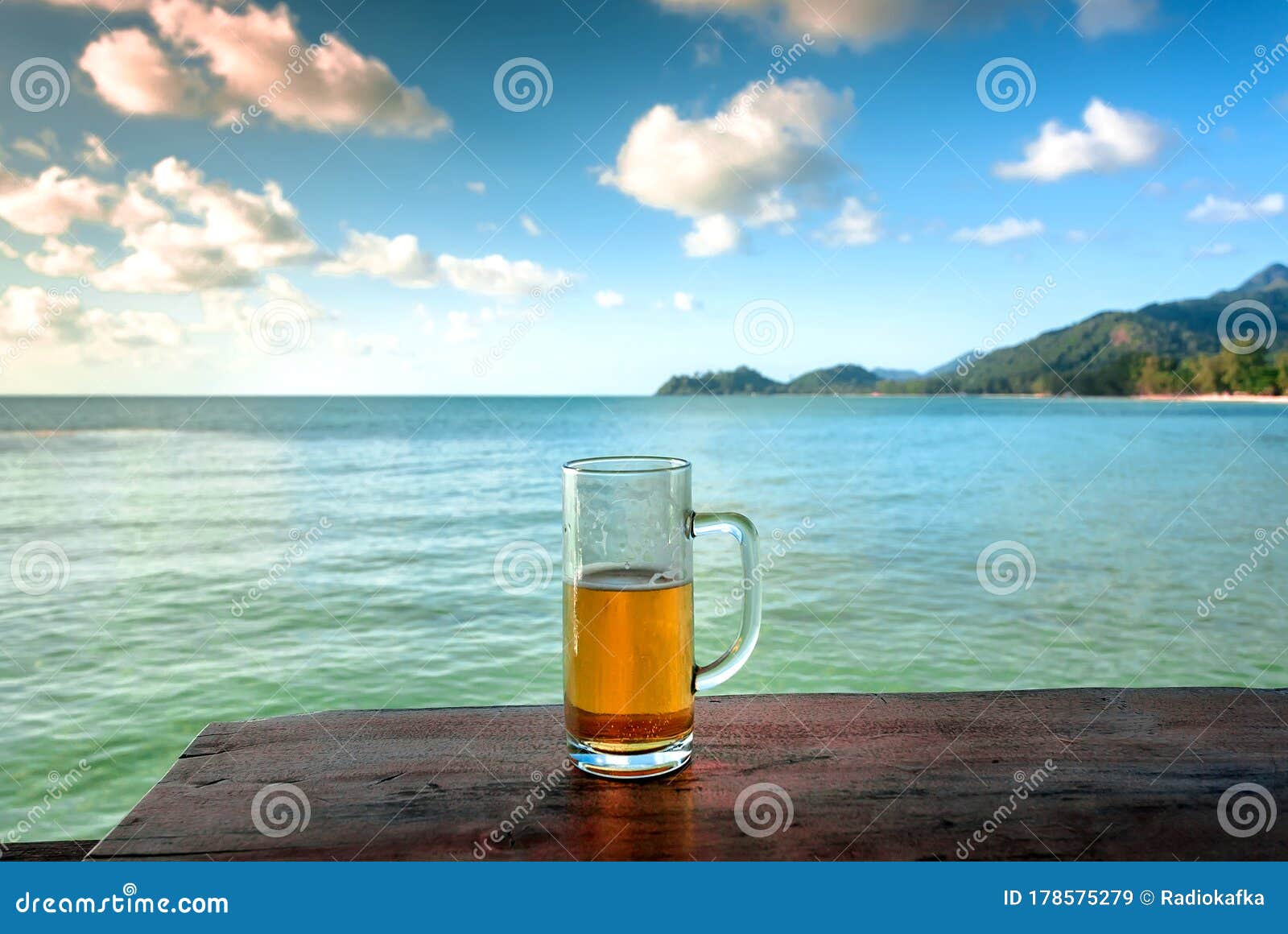 Beer Glass On Beach Bar Table Past Beautiful Ocean View Fresh Lager Of
