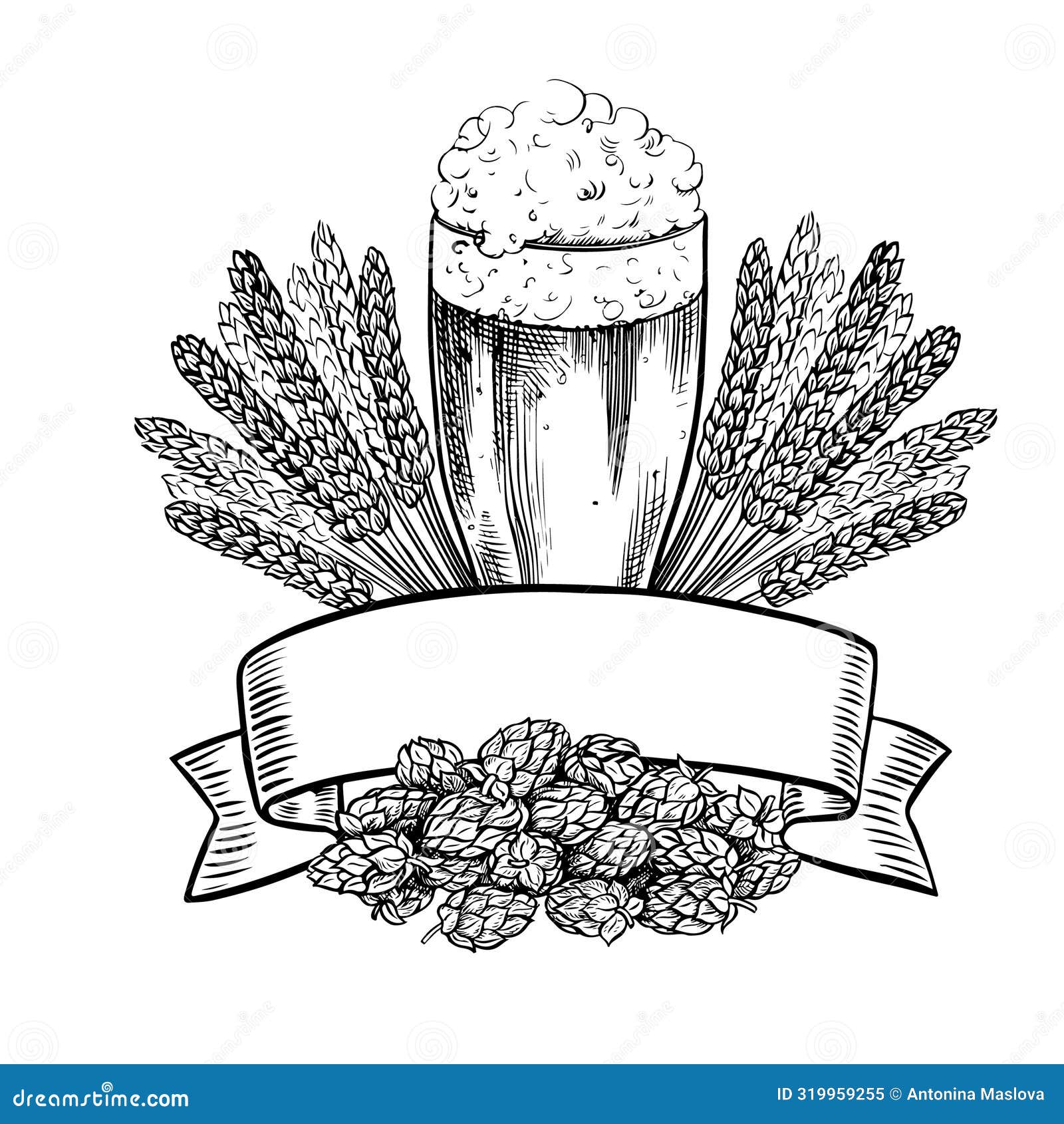 Hops, Malt, Beer Glass And Beer Mug. Vector Black And White Hand-drawn ...