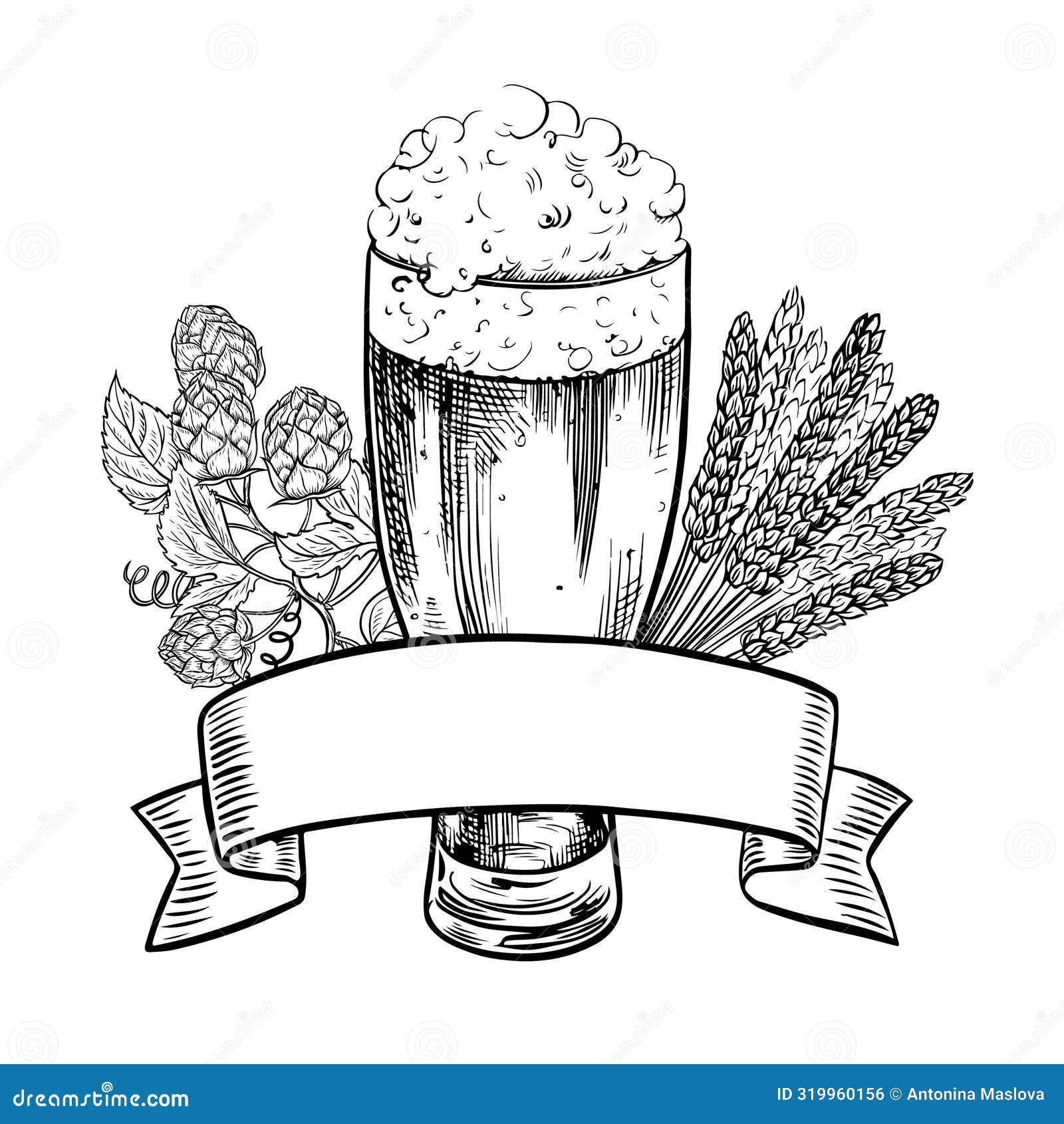 Hops, Malt, Beer Glass And Beer Mug. Vector Black And White Hand-drawn ...
