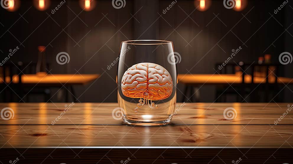 Beer Glass on a Table with Beer, Featuring a Floating Brain Inside ...