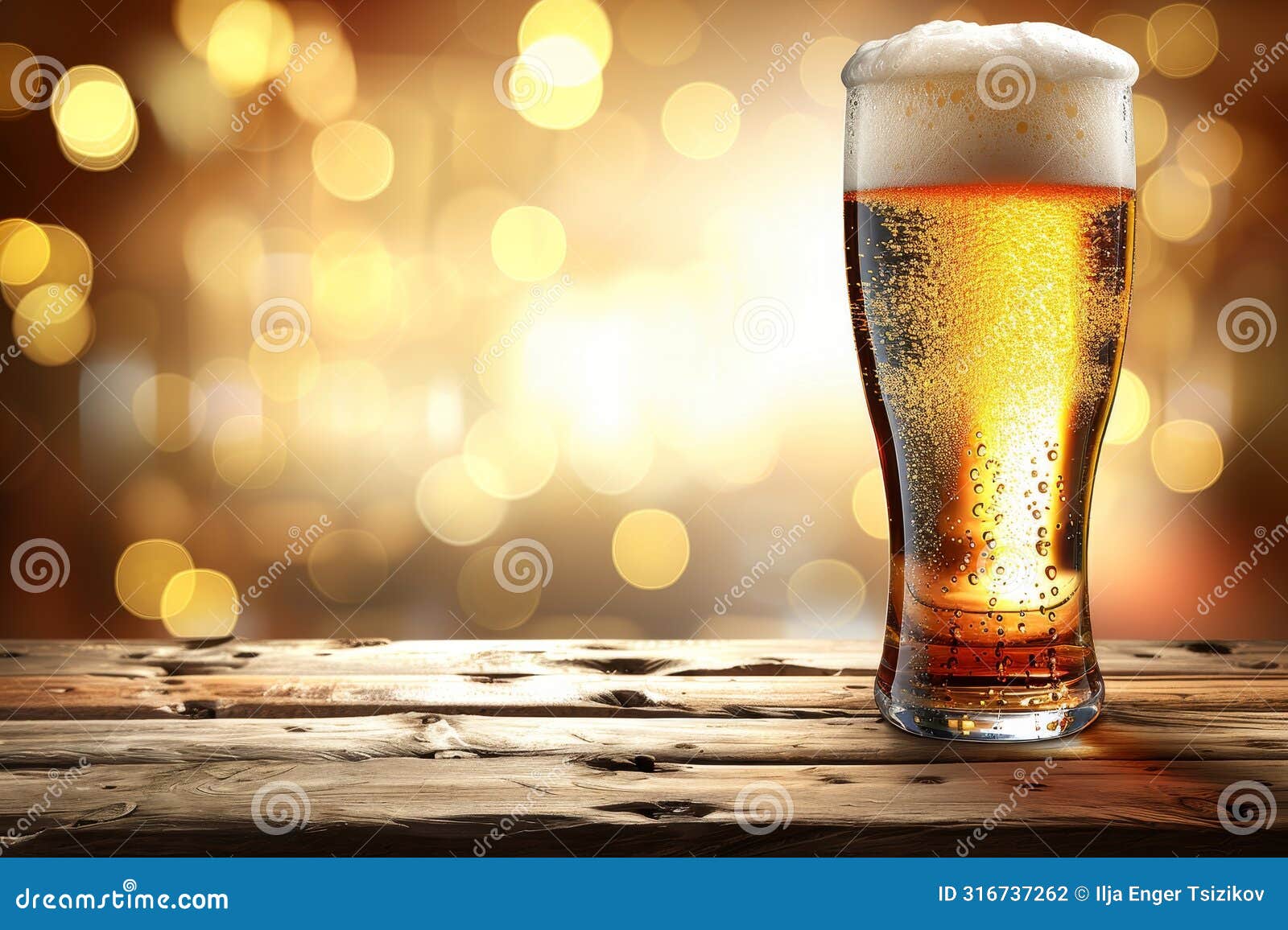 Beer Glass on Wooden Bar Table, Blurred Background with Ample Space for ...