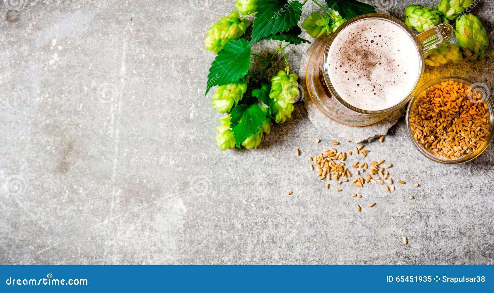 Beer, Green Hops and Malt on Stone Surface. Stock Image - Image of ...