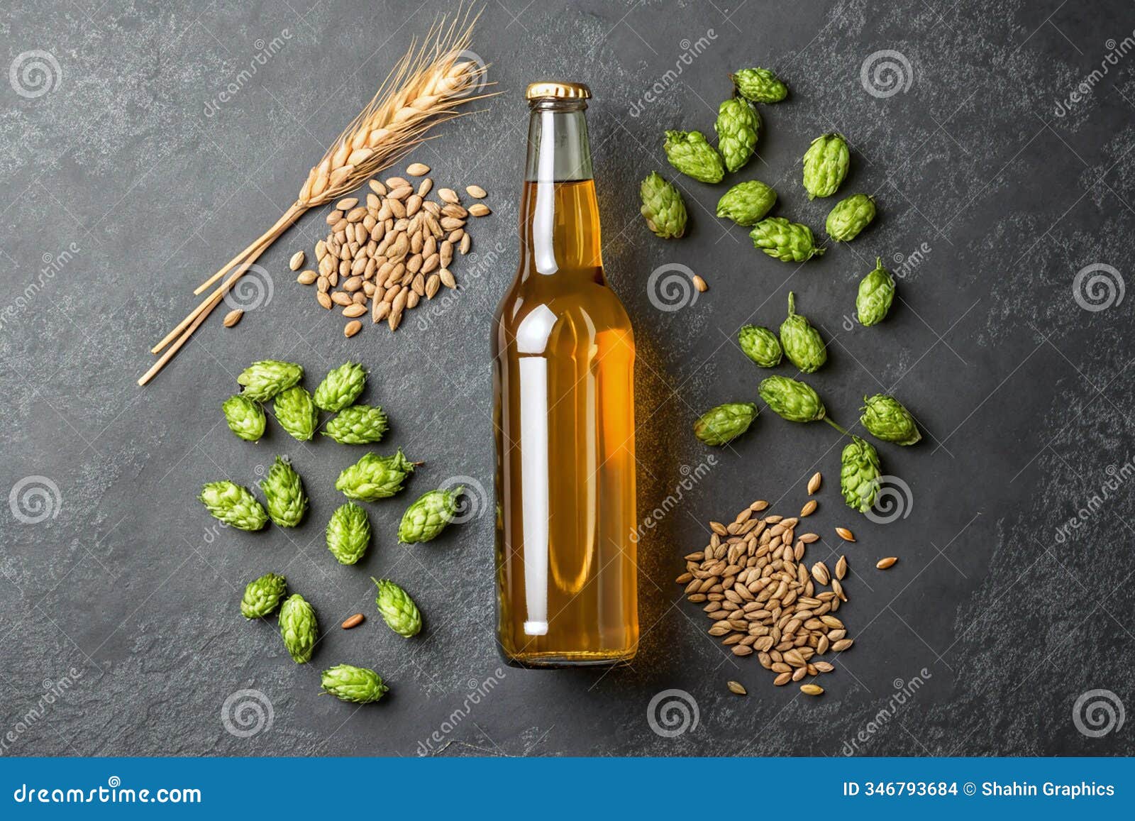 Beer, Green Hops and Malt on Stone Surface. Top View Stock Photo ...