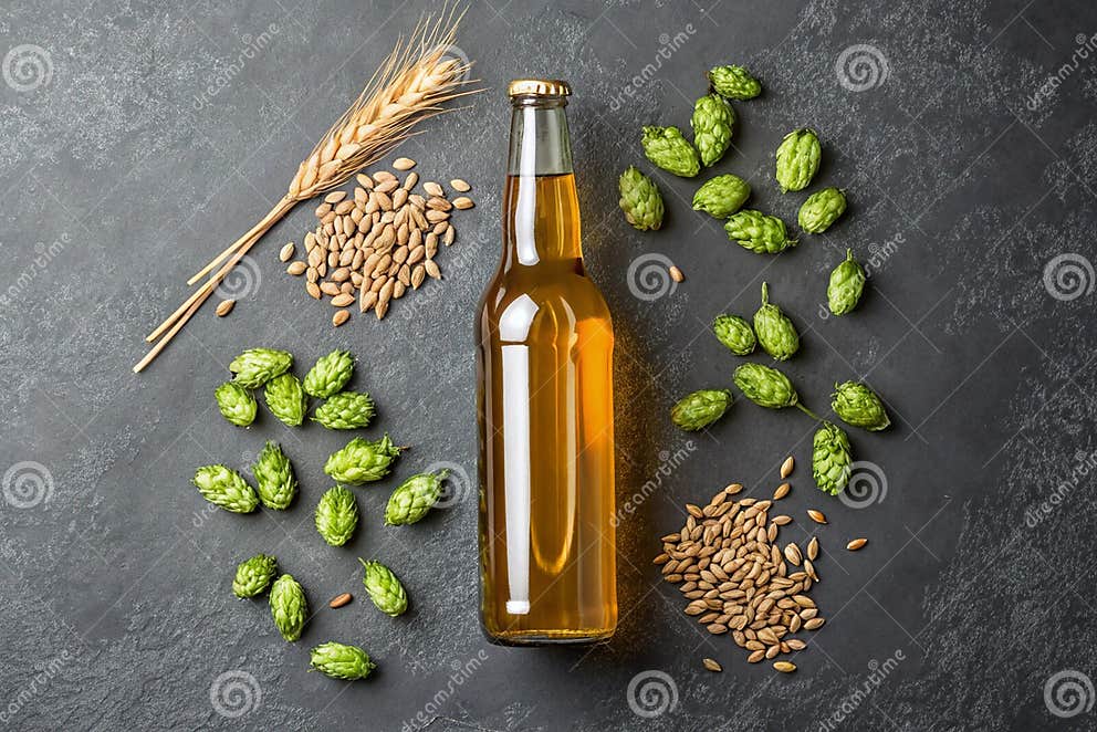 Beer, Green Hops and Malt on Stone Surface. Top View Stock Photo ...